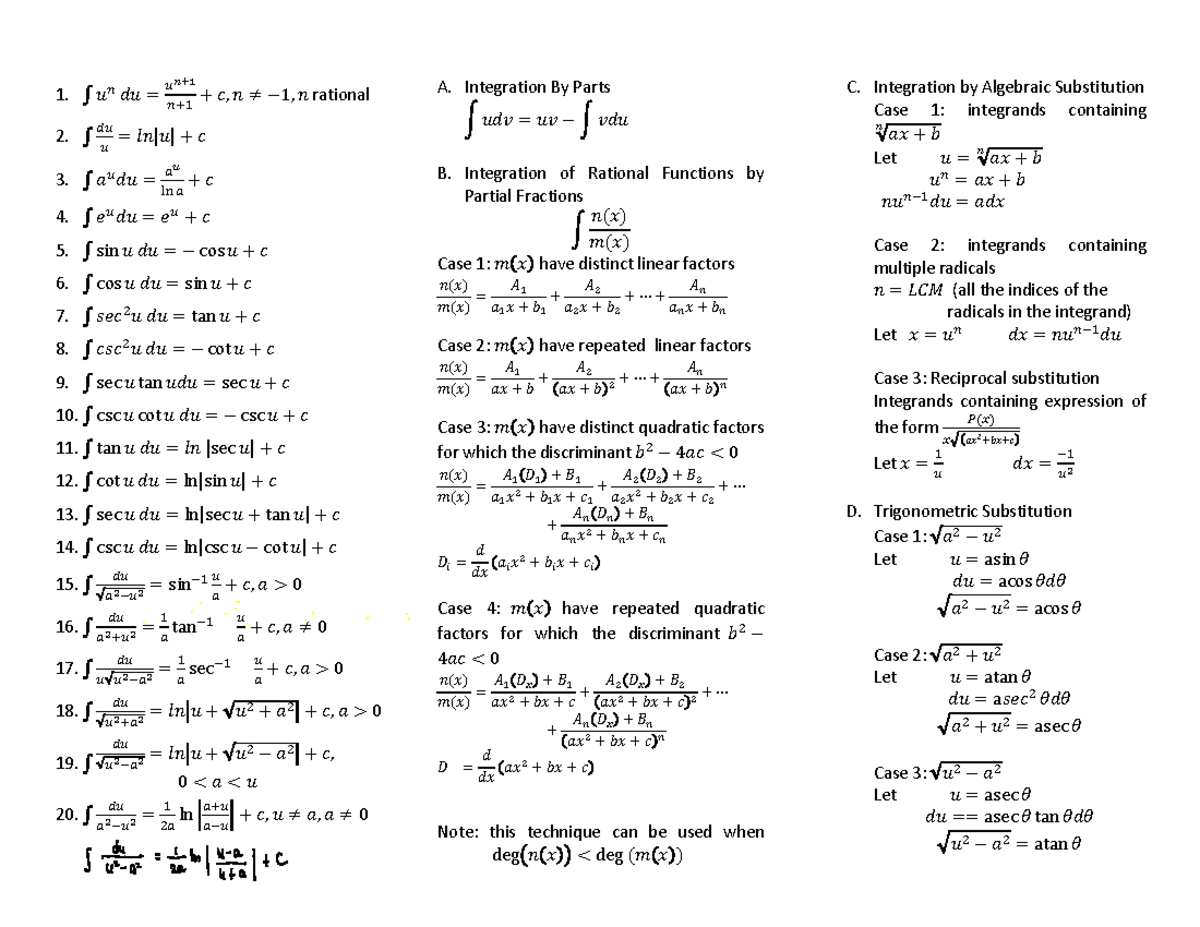 List of formula integral - 1. 𝑢! 𝑑𝑢 = ! !!! !!! + 𝑐, 𝑛 ≠ − 1 , 𝑛 ...