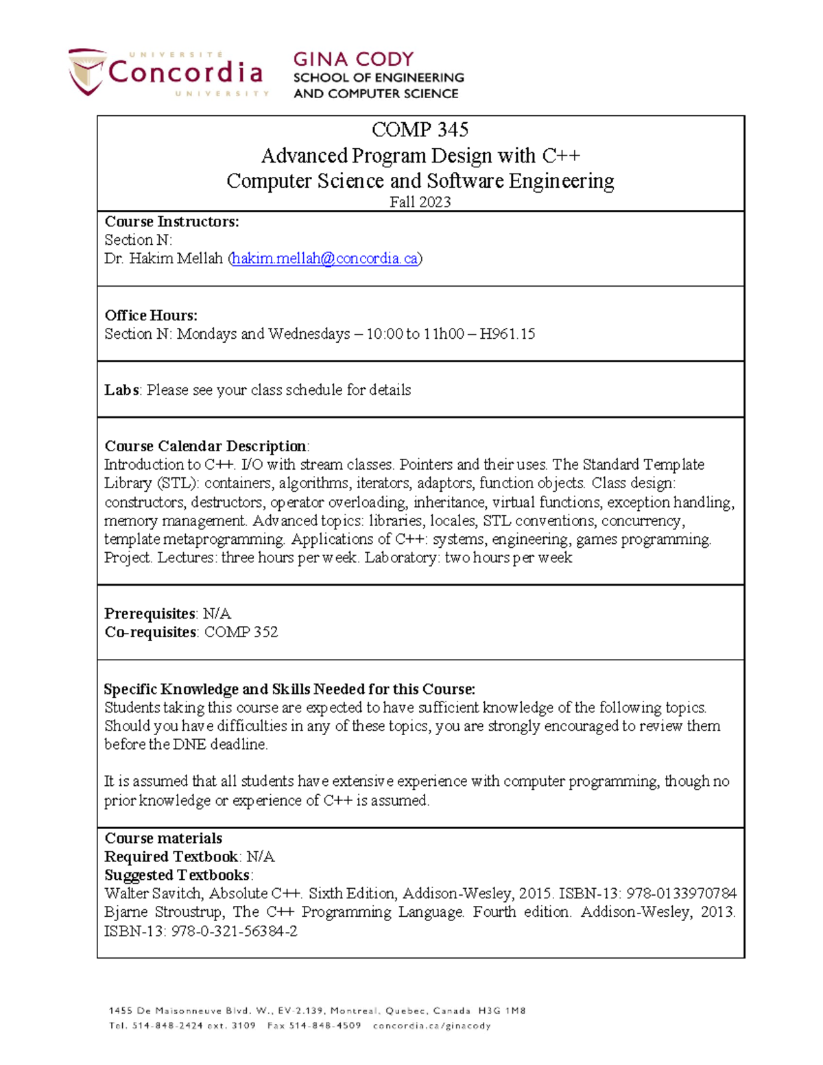 Comp345 Course Outline F2023 Comp 345 Advanced Program Design With C Computer Science And