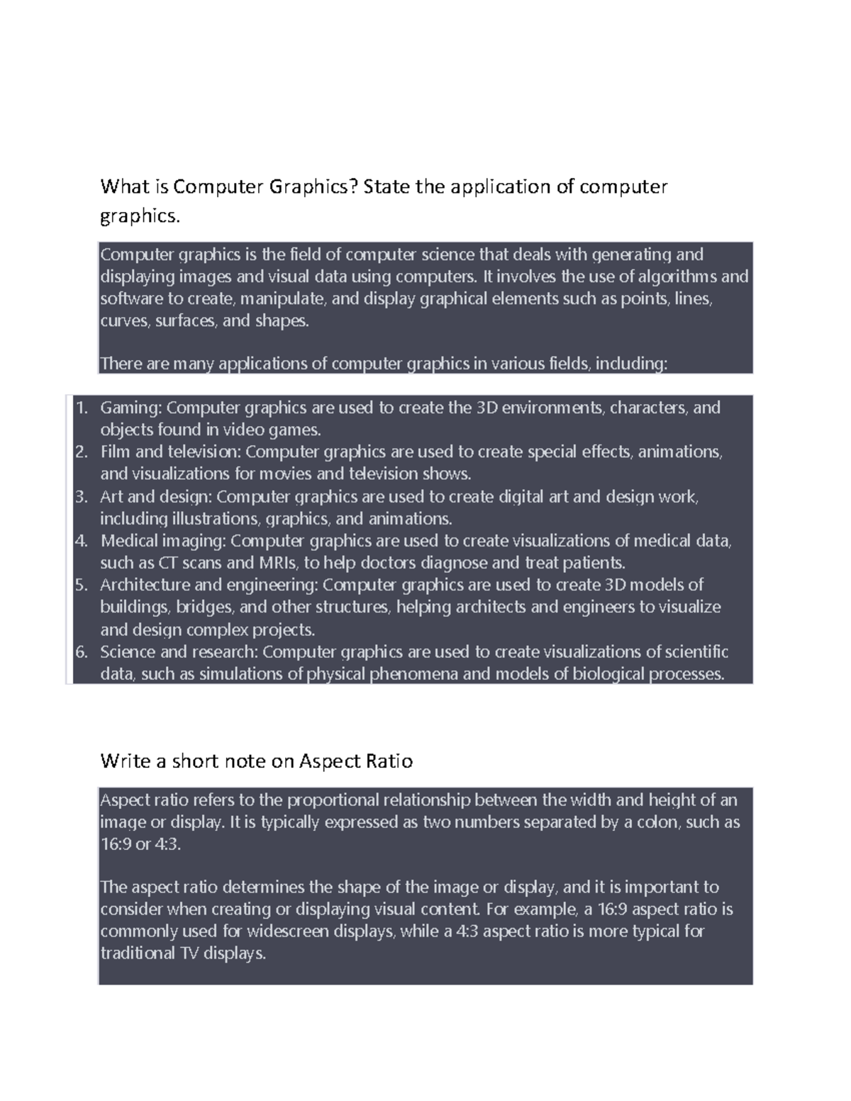 Cg answer sheet - What is Computer Graphics? State the application of ...