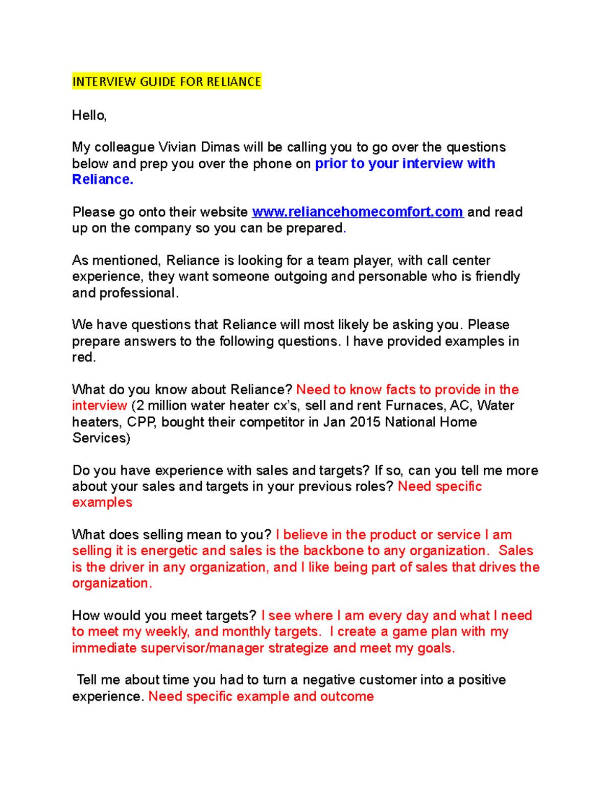 Interview Guide FOR Reliance - INTERVIEW GUIDE FOR RELIANCE Hello, My ...