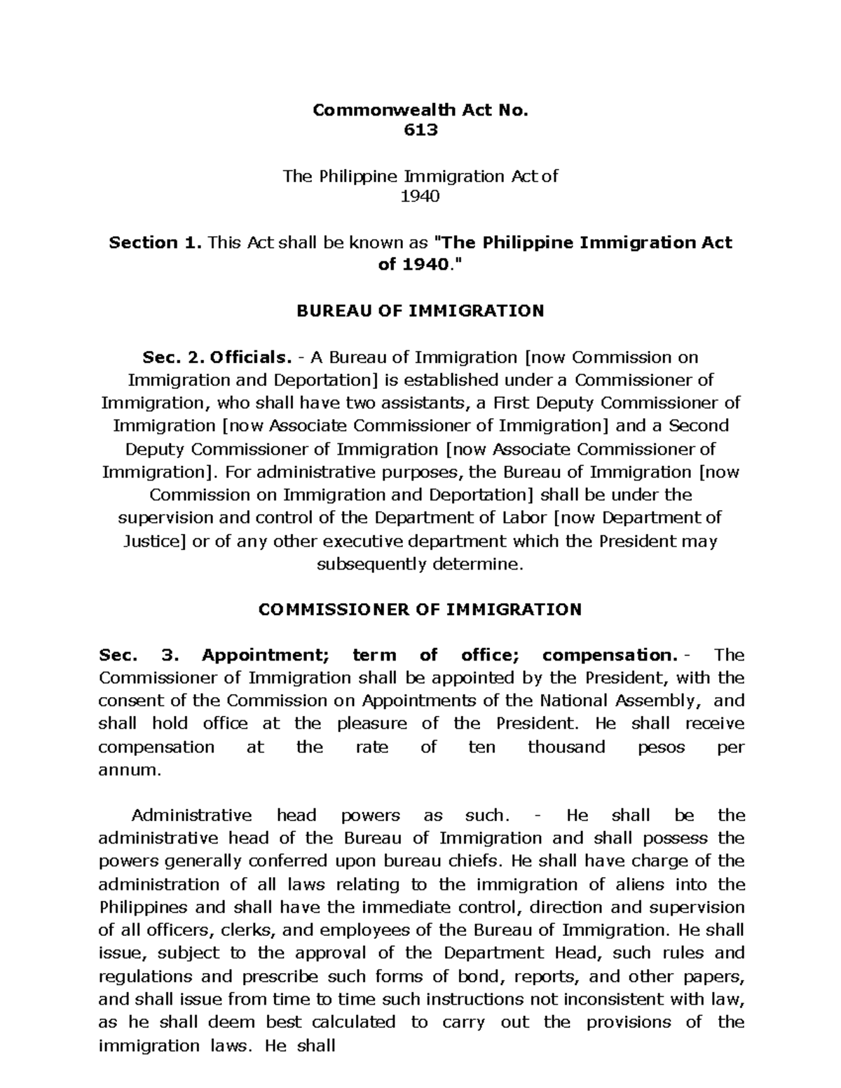 CA 613 - The Philippine Immigration Act of 1940 - Commonwealth Act No ...