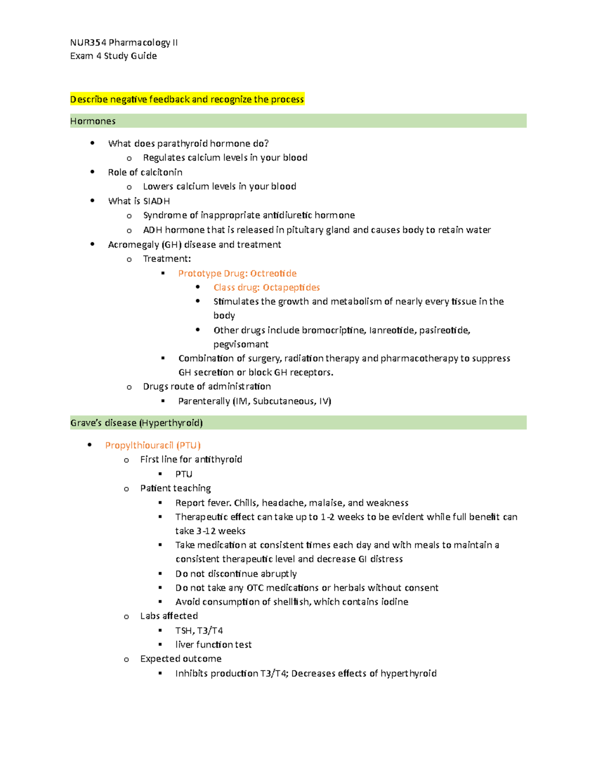 NUR354 Pharmacology II Exam 4 Study Guide - Studocu