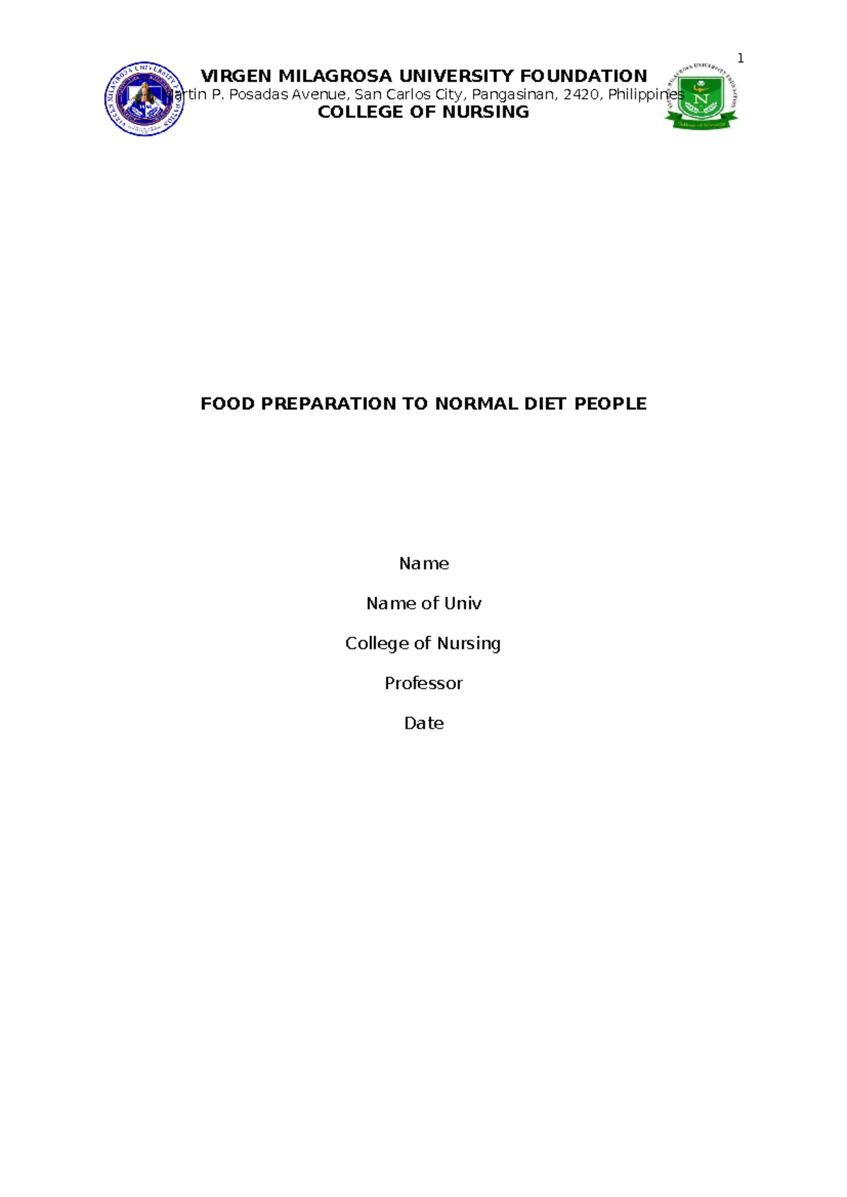 Reflection about food preparation - VIRGEN MILAGROSA UNIVERSITY ...