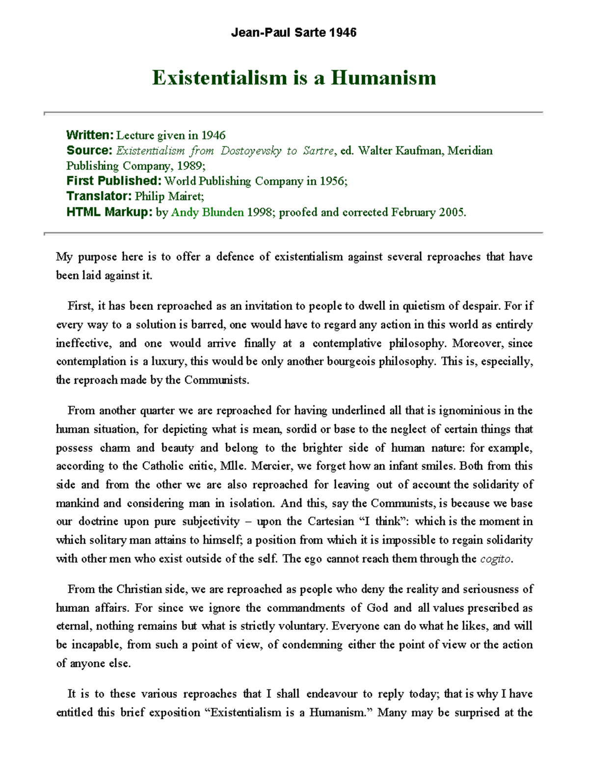 Existentialism is a Humanism, Jean-Paul Sarte 1946 - Jean-Paul Sarte 1946 Existentialism is a ...