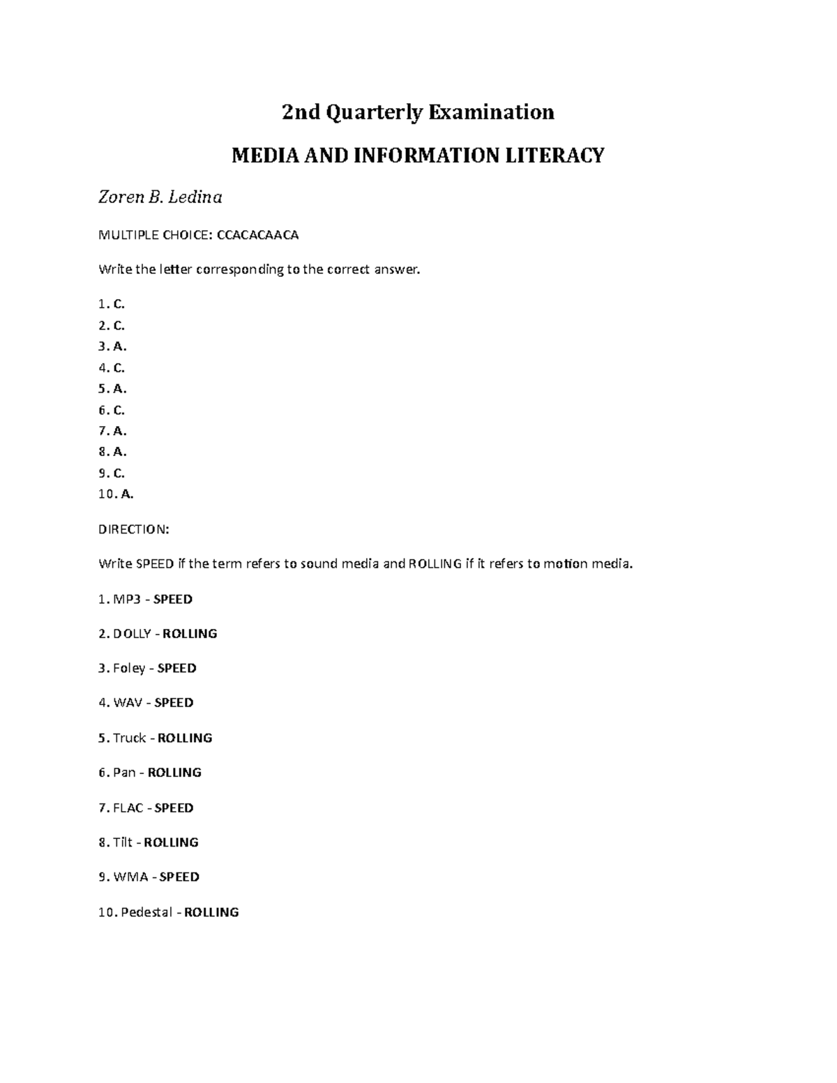 2nd Quarterly Examination-MIL - 2nd Quarterly Examination MEDIA AND ...