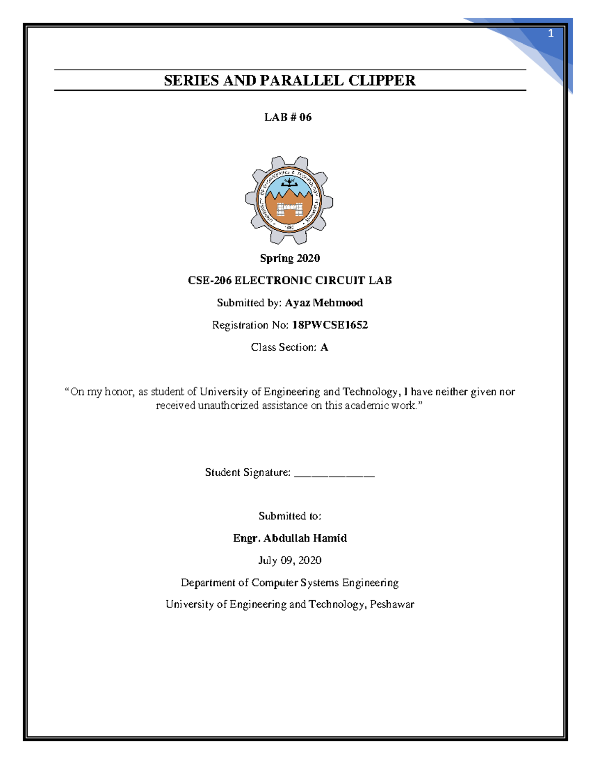 Lab6 - Lab report - SERIES AND PARALLEL CLIPPER LAB # 06 Spring 2020 ...
