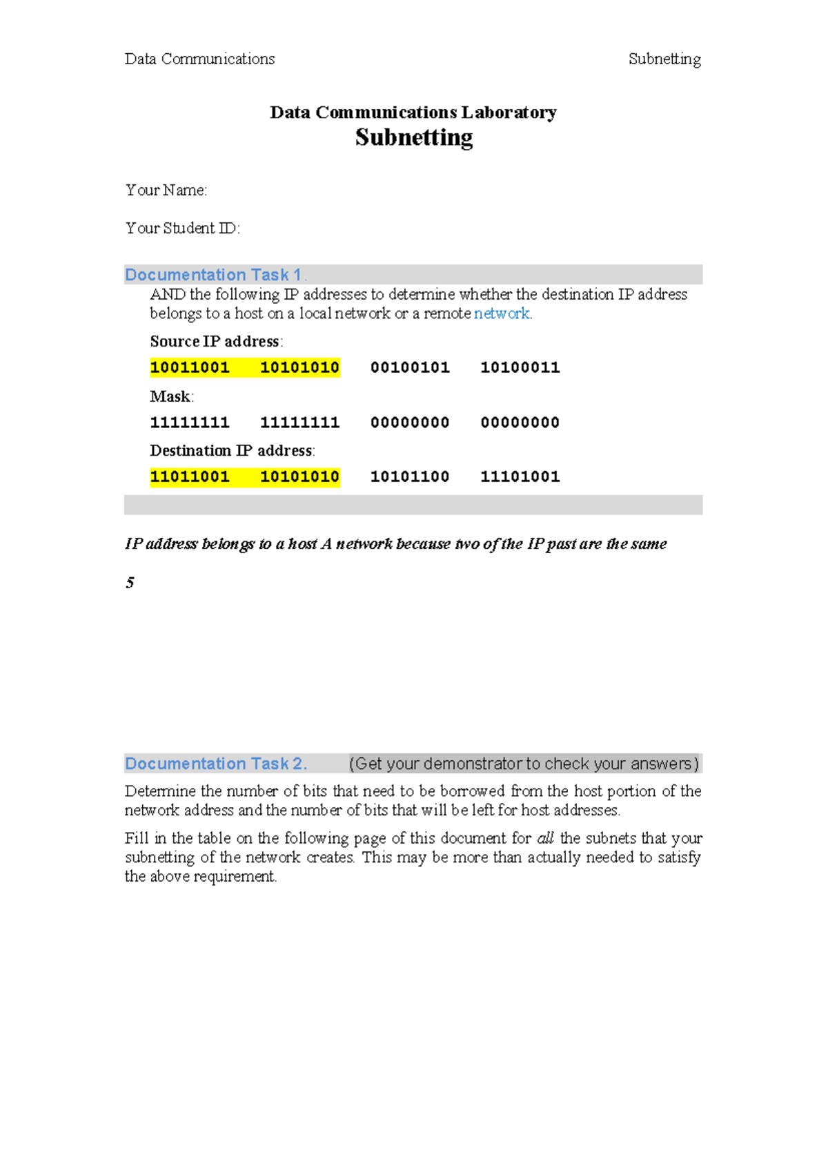 Practical - Subnetting - Documentation Template - Data Communications Laboratory Subnetting Your ...