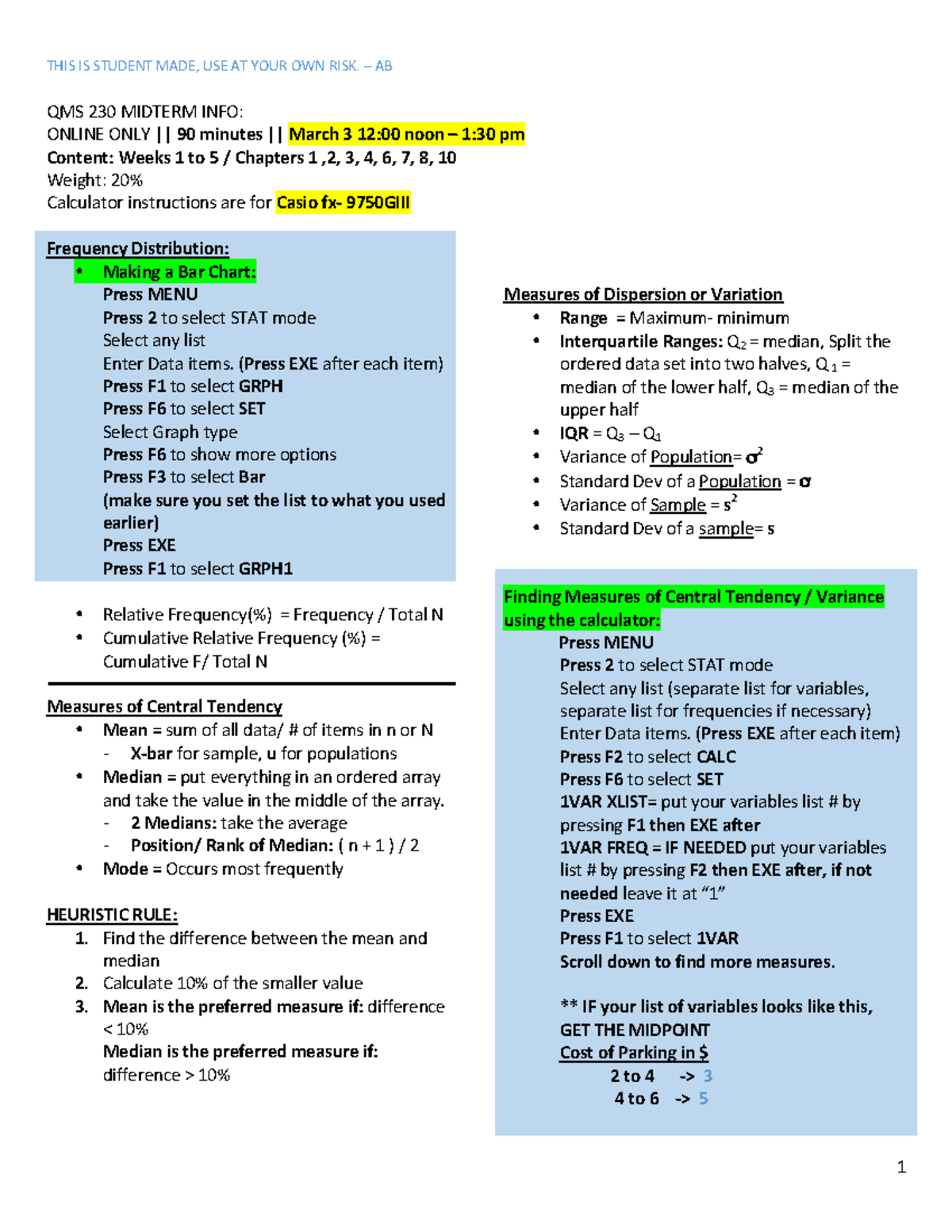 QMS230 Reviewer MT1 - Summary Business Statistics - QMS 230 MIDTERM ...