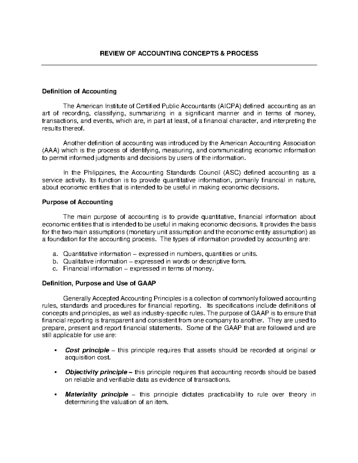 Review OF Accounting Concepts - REVIEW OF ACCOUNTING CONCEPTS & PROCESS ...