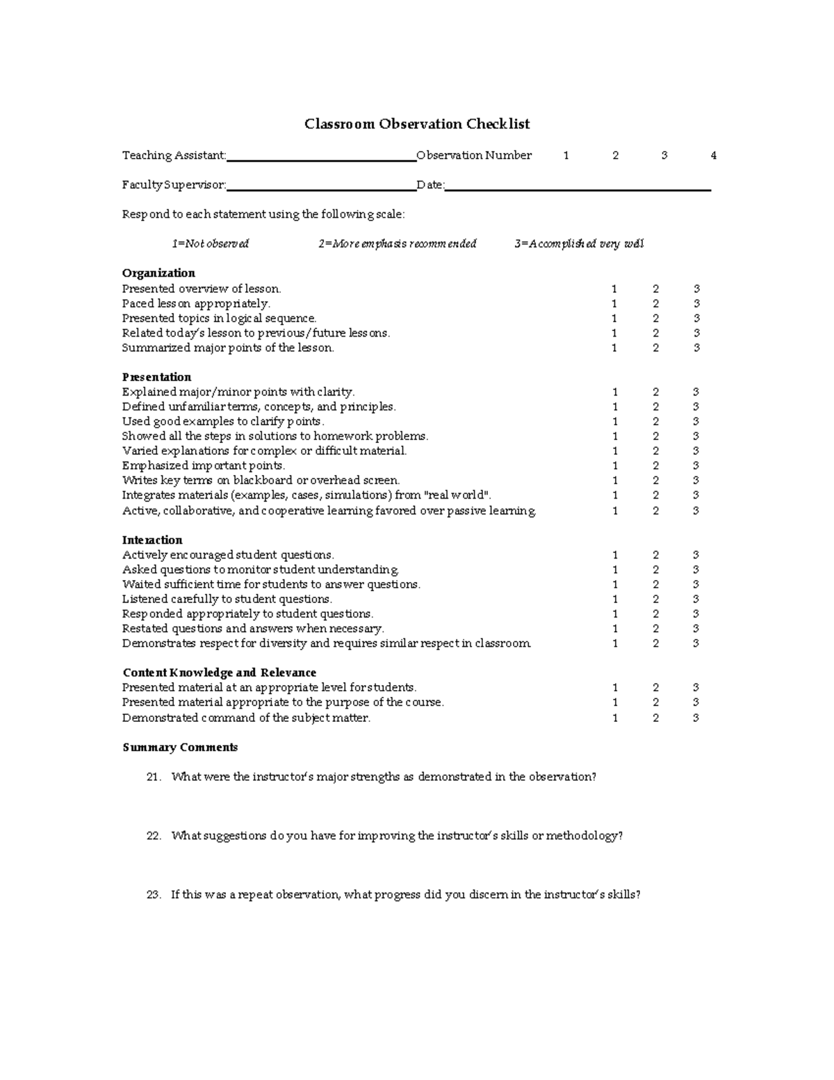 Classroom Observation Form - Classroom Observation Checklist Teaching ...