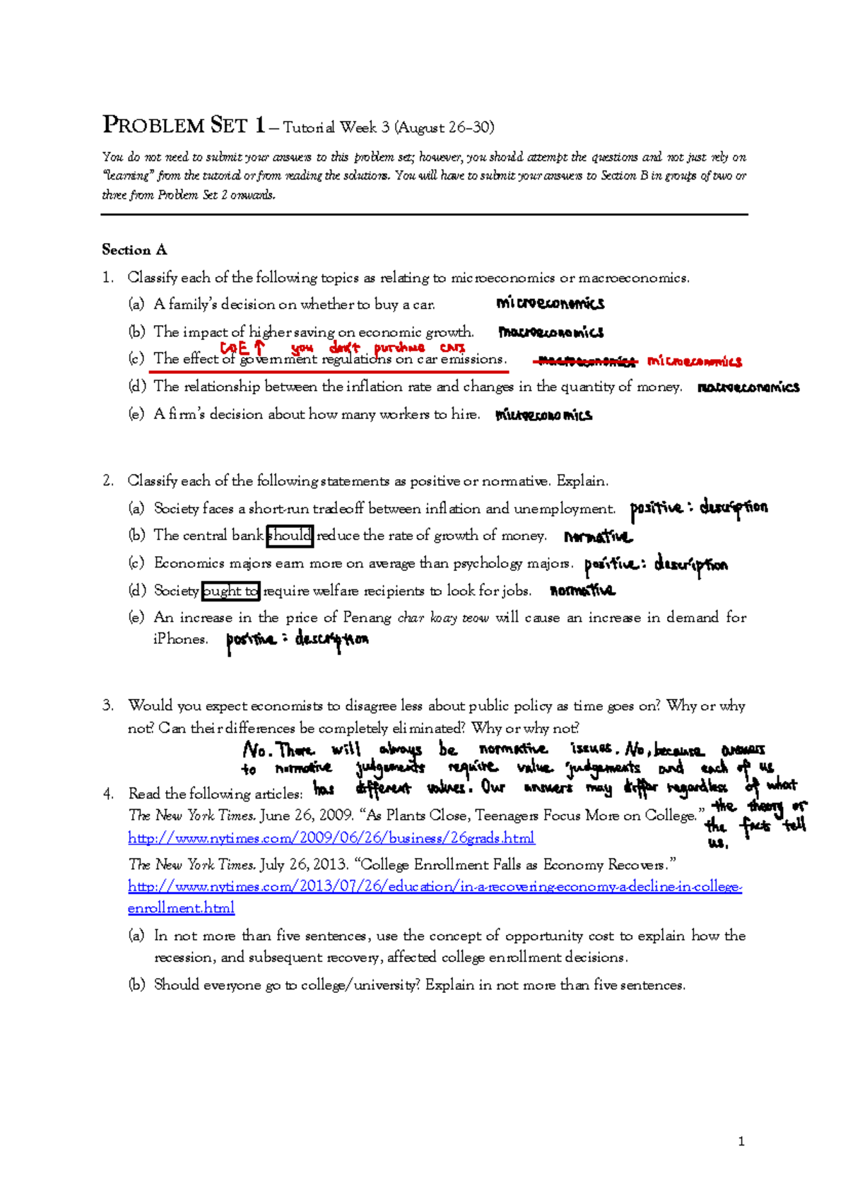 Micro Problem Set 1 - 1 PROBLEM S ET 1 — Tutorial Week 3 (August 2 6 – 30 ) You do not need to ...