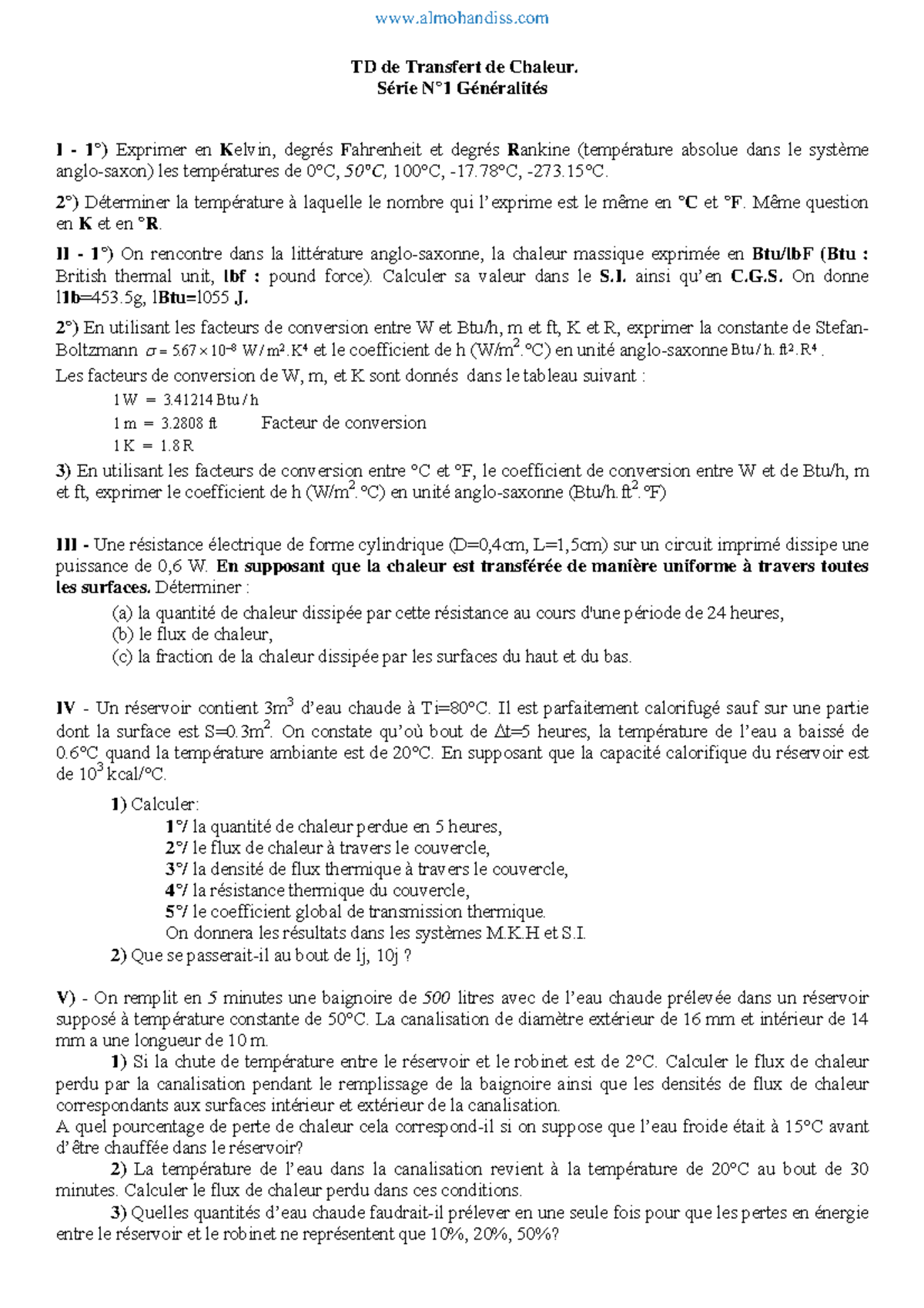 Transfert thermique exercices corrigés 01 - TD de Transfert de Chaleur. Série N°1 Généralités I ...
