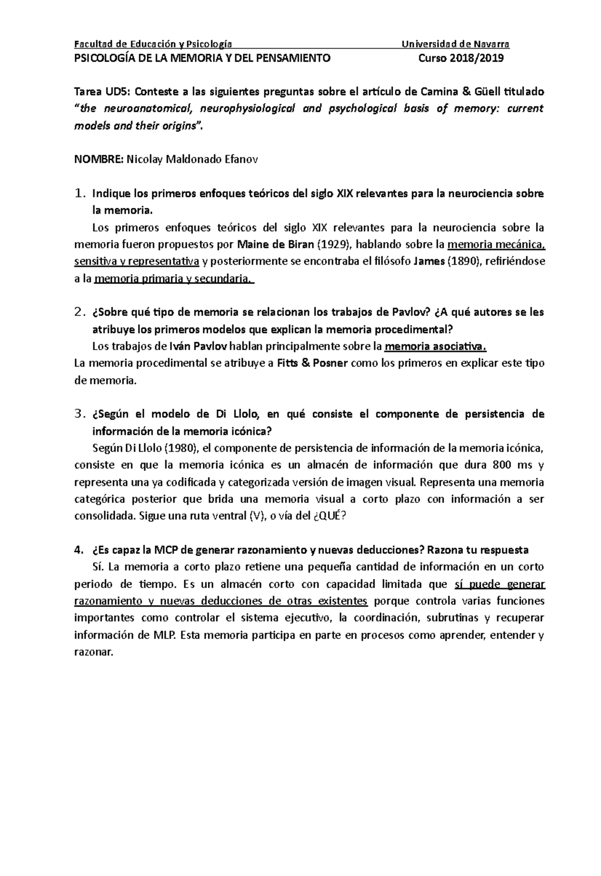 Tarea UD5 (Preguntas) - Facultad de Educación y Psicología Universidad de Navarra PSICOLOGÍA DE ...