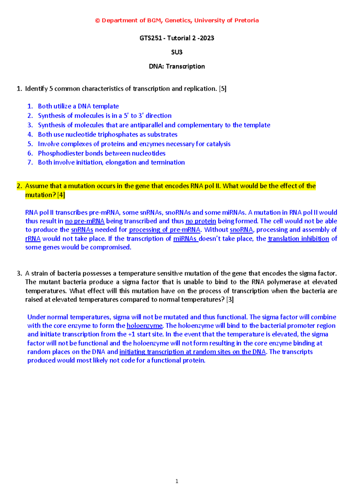 TUT 2 MEMO - TUT 2 MEMO - © Department of BGM, Genetics, University of Pretoria 1 GTS251 ...