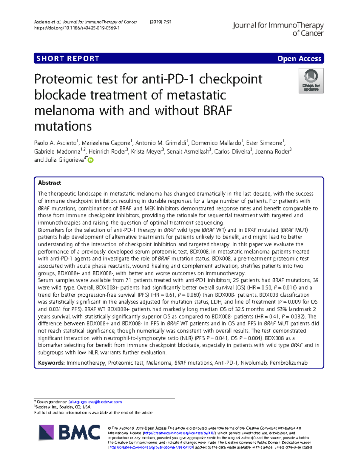 Proteomic test for anti-PD-1 checkpoint blockade treatment of ...