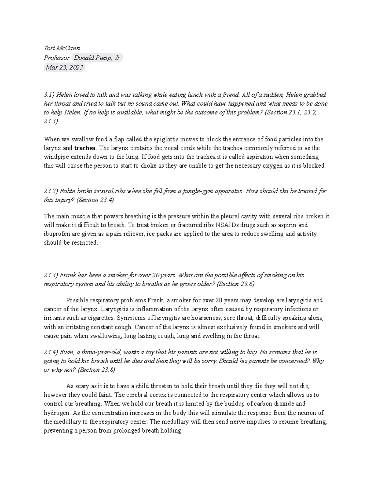 Discussion respiratory system week 12-1 - Tori McCann Professor Donald ...