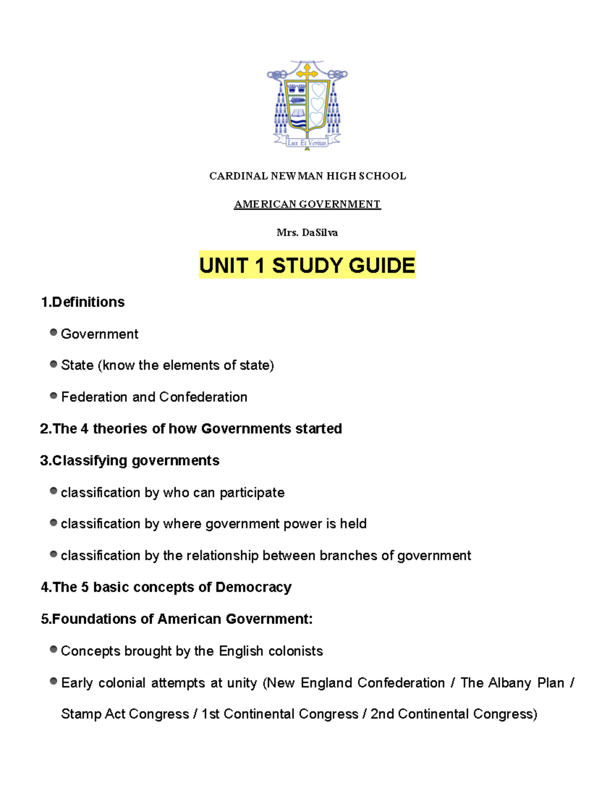 Unit 1 Study Guide for Government Quarter 1 - CARDINAL NEWMAN HIGH ...
