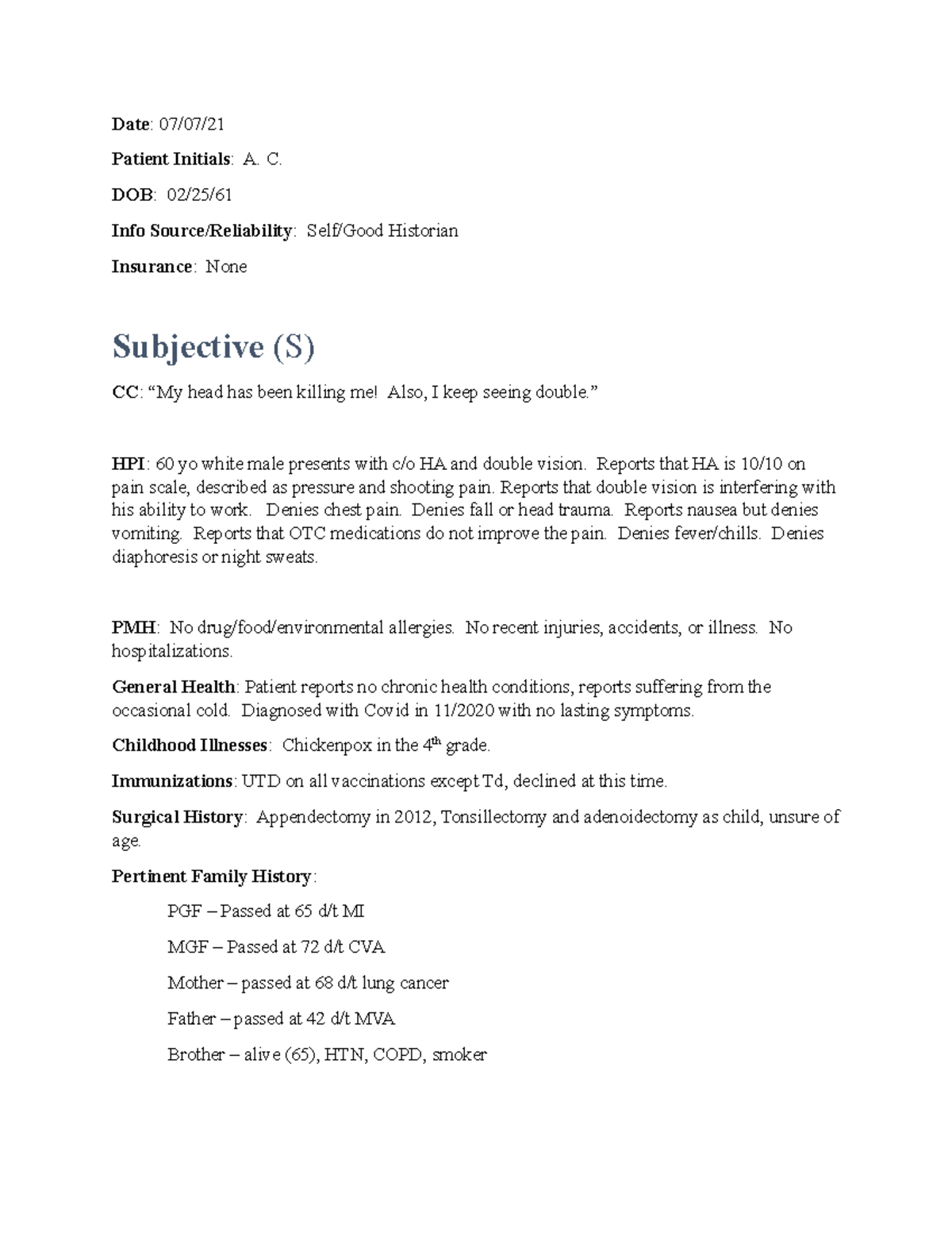 Soap Note 2 for medical/covid - Date : 07/07/ Patient Initials : A. C ...
