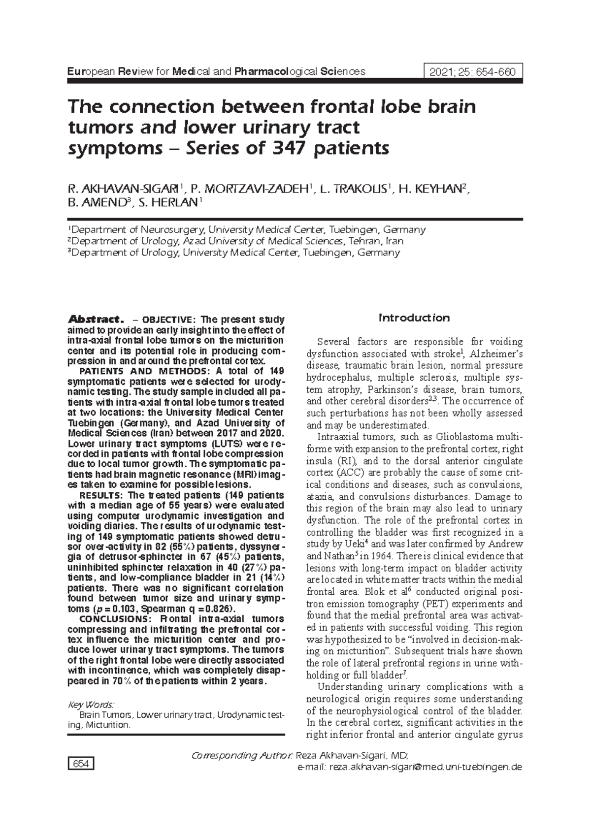 The connection between frontal lobe brain tumors a - 654 Abstract. – OBJECTIVE: The present ...