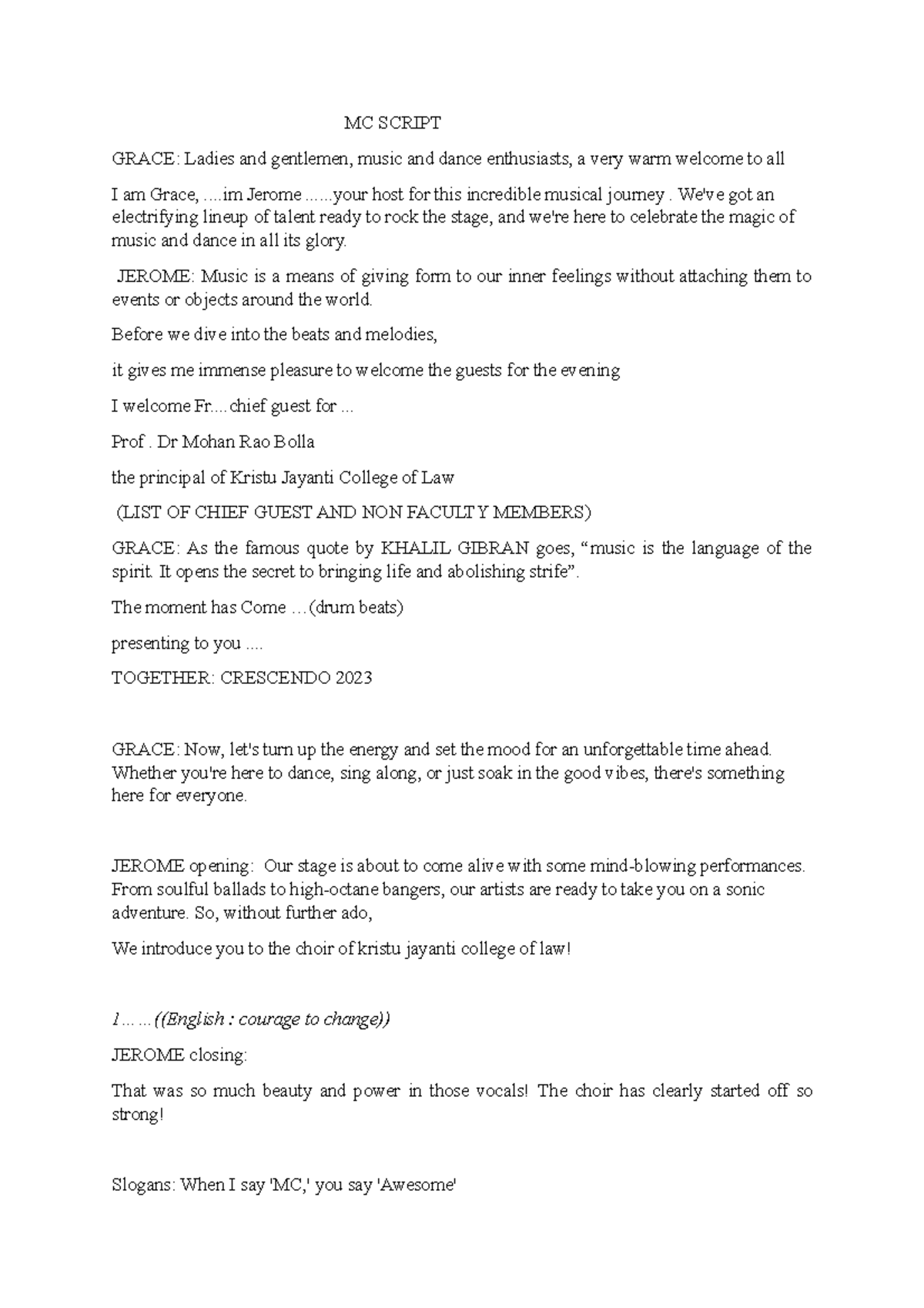 Cressando Script - good notes - MC SCRIPT GRACE: Ladies and gentlemen ...