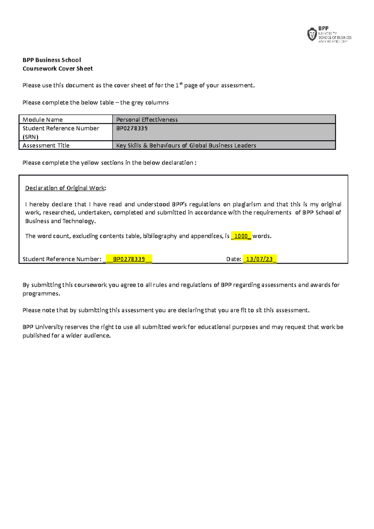 PE Formative Task - BPP Business School Coursework Cover Sheet Please use this document as the ...