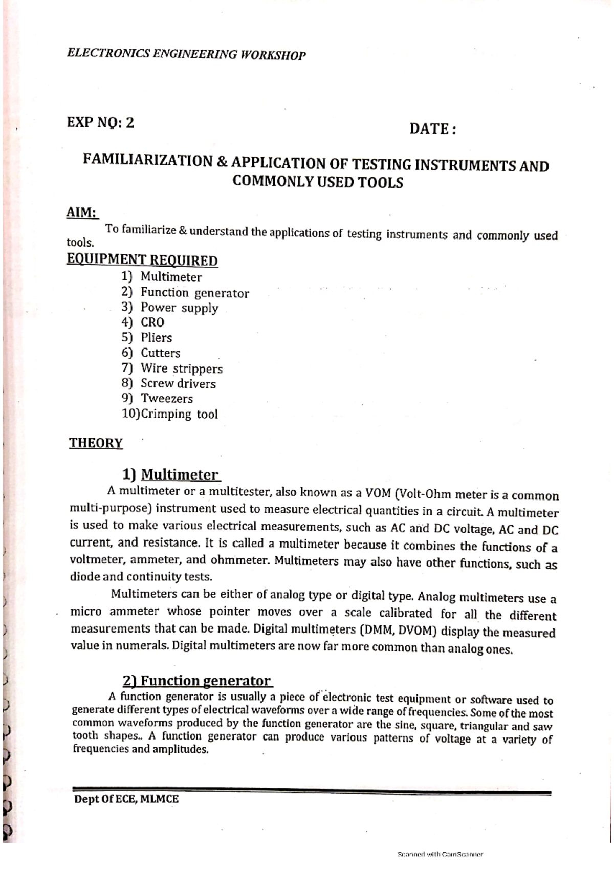 Experiment familiarization and application of testing instruments ...