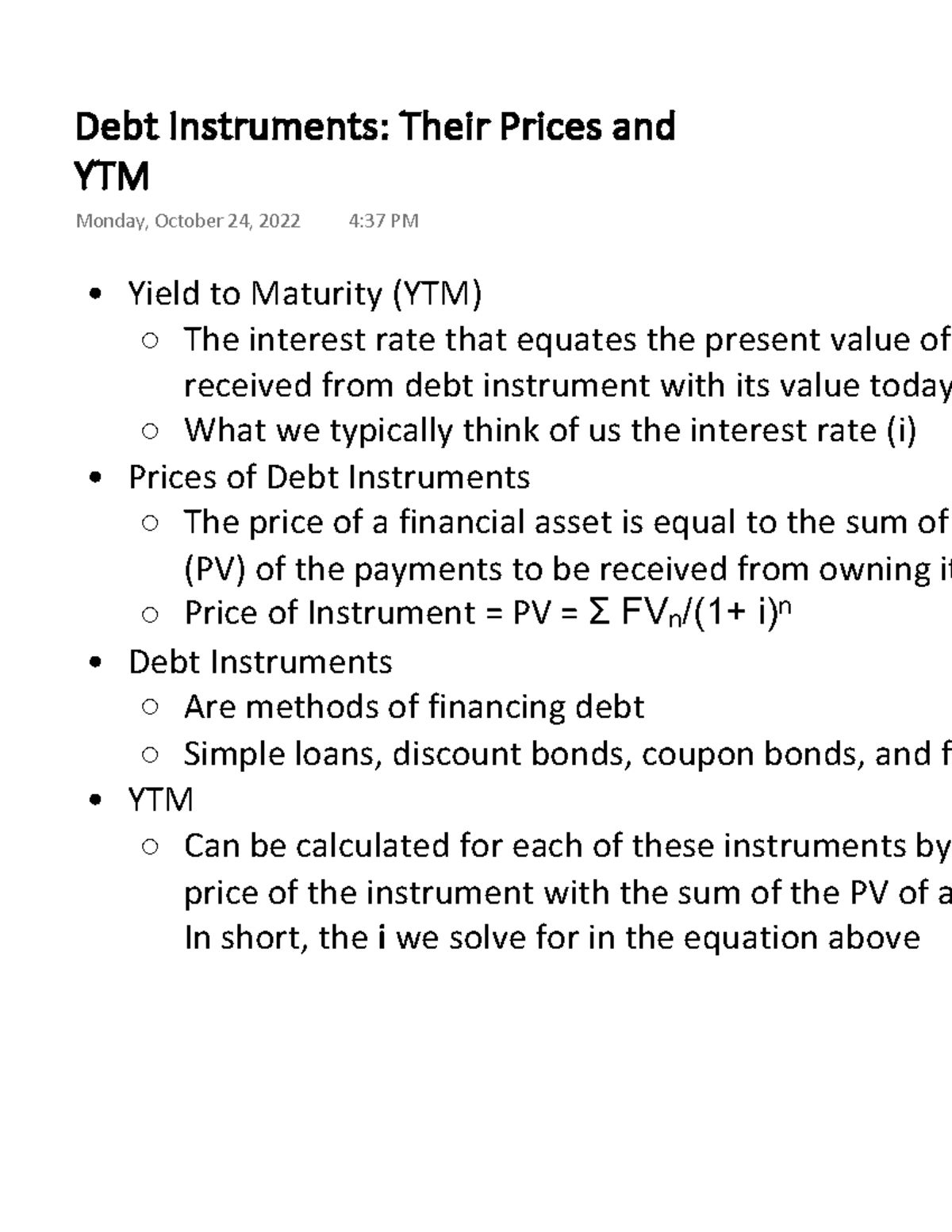 Debt Instruments Their Prices and YTM - Yield to Maturity (YTM) The ...