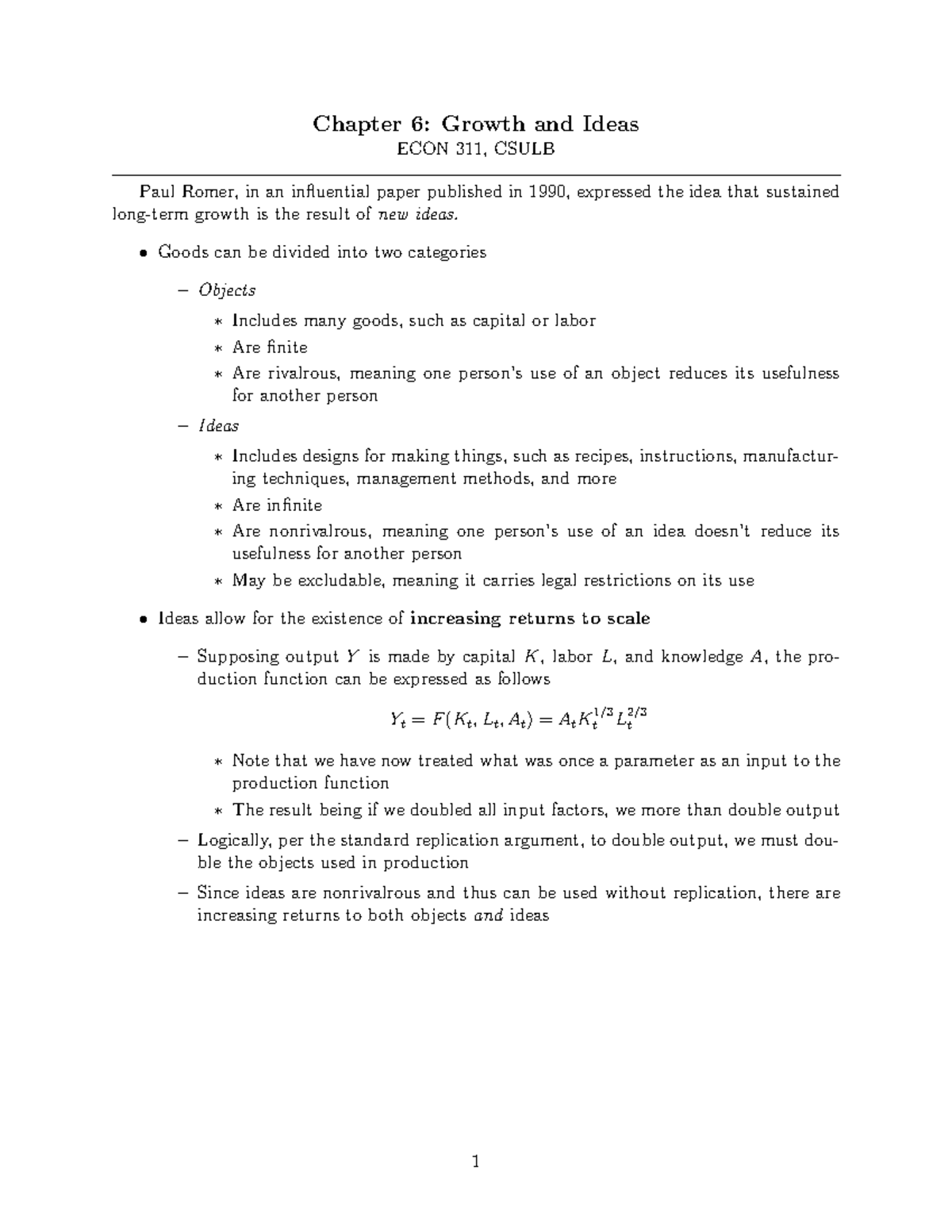 Chapter 6 Notes - Chapter 6: Growth and Ideas ECON 311, CSULB Paul ...