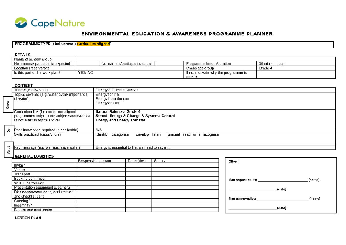 Grade 4 Lesson Plan Energy 1hr - ENVIRONMENTAL EDUCATION & AWARENESS ...