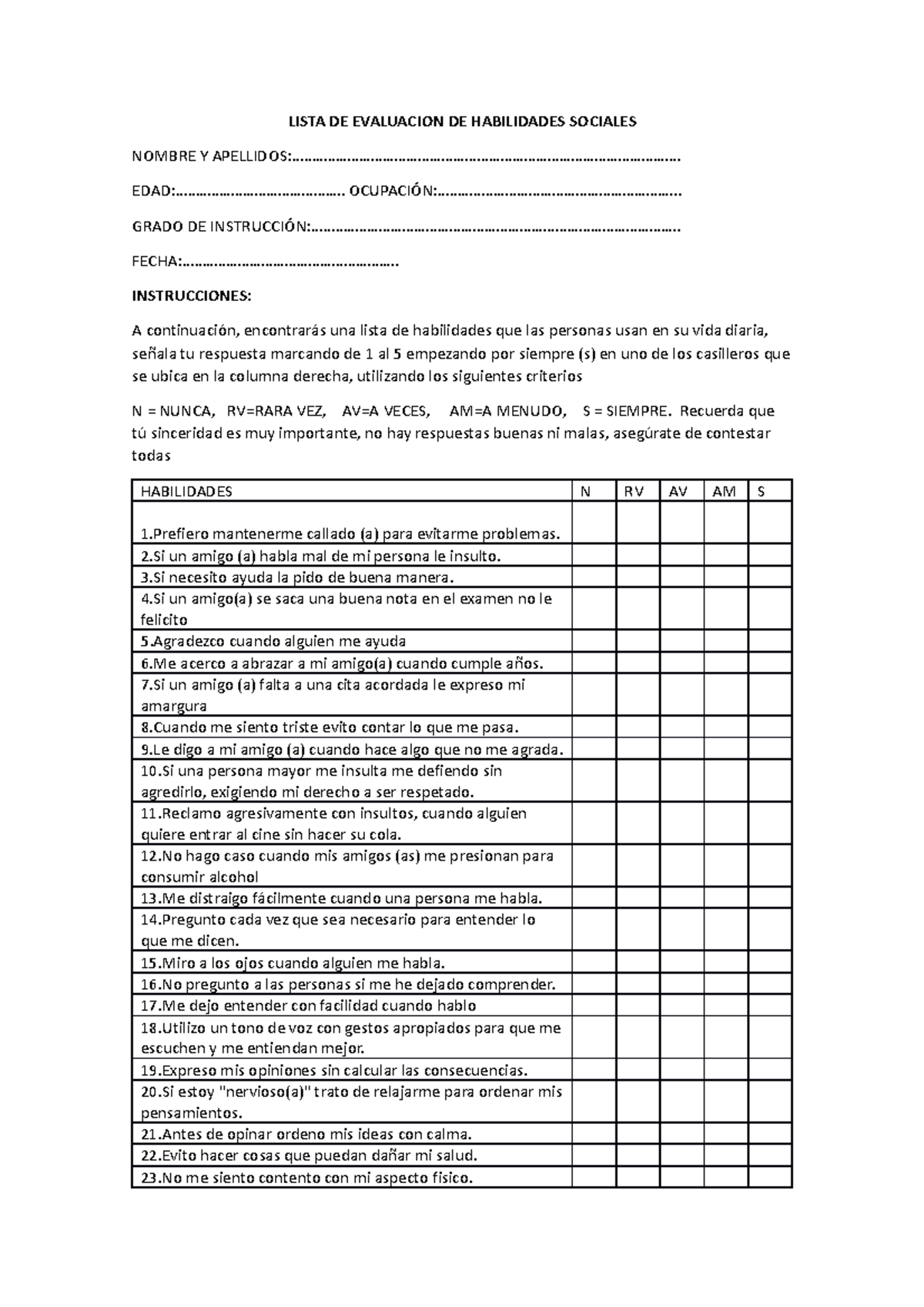 Evaluacion Social DEL Adolescente - LISTA DE EVALUACION DE HABILIDADES ...