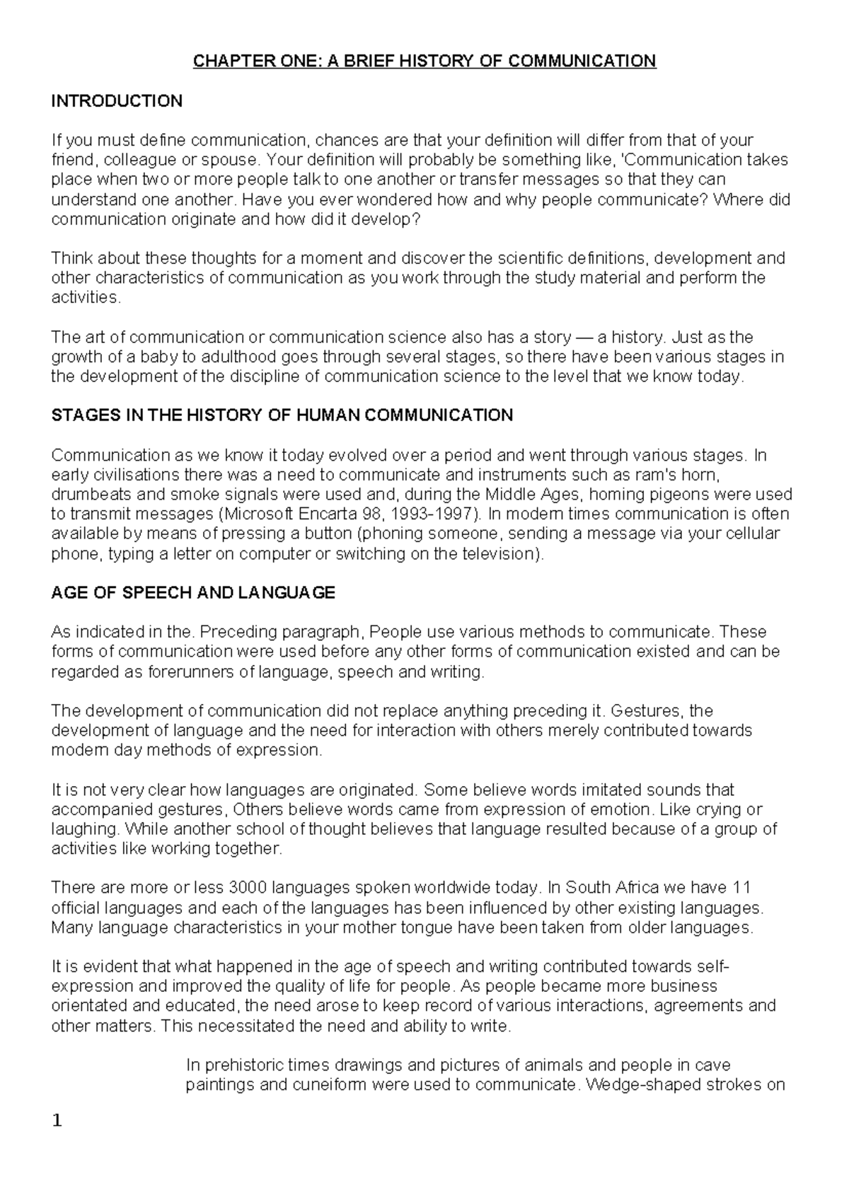 COM1501 Summary Notes - CHAPTER ONE: A BRIEF HISTORY OF COMMUNICATION ...