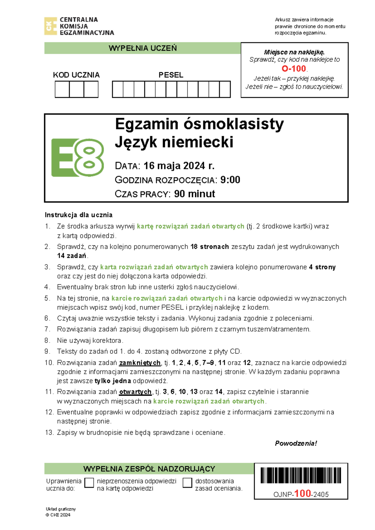 9ee63 OJNP 100 X 2405 zeszyt zadan - ####### WYPEŁNIA UCZEŃ Miejsce na naklejkę. Sprawdź, czy ...