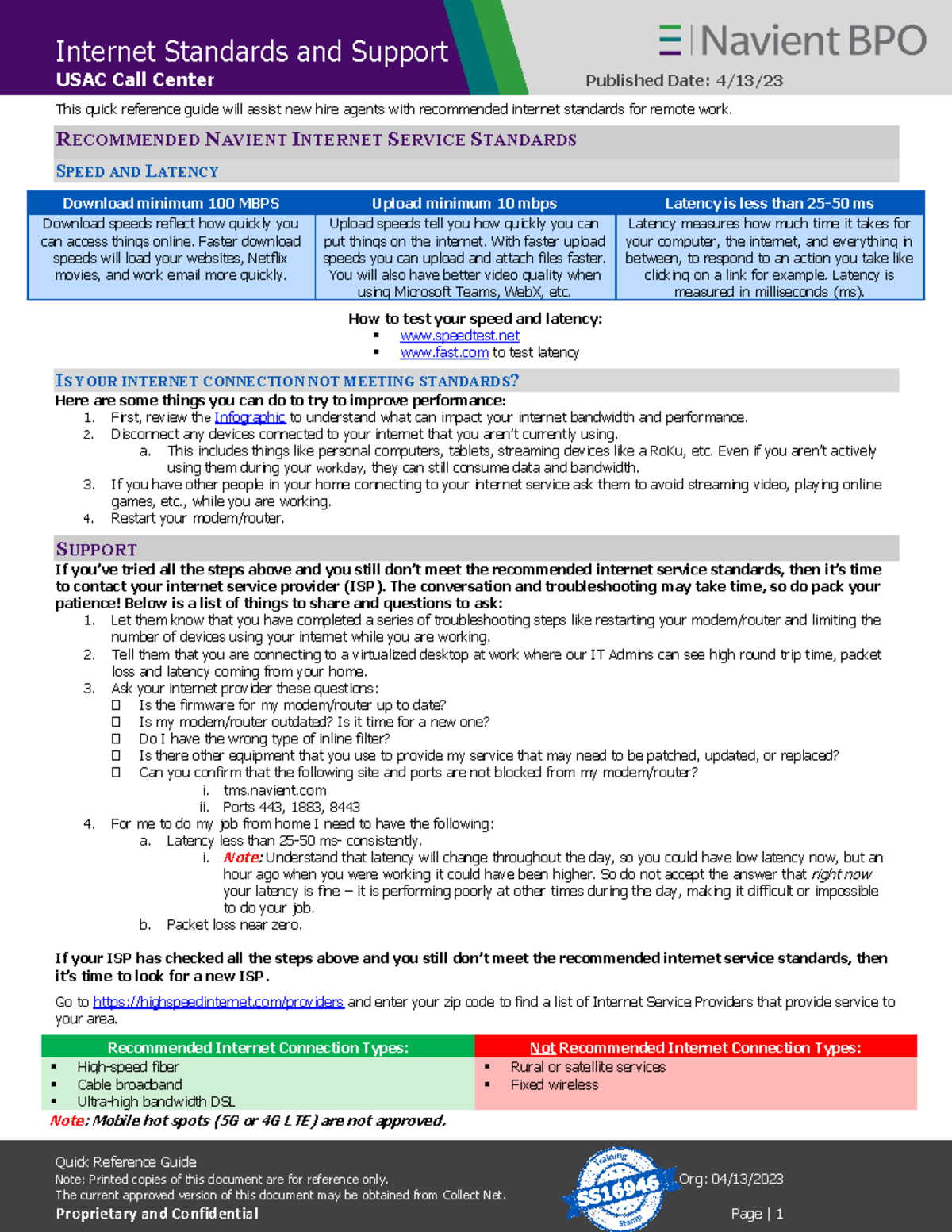 Internet Standards and Support (USAC Call Center) - Internet Standards and Support USAC Call ...