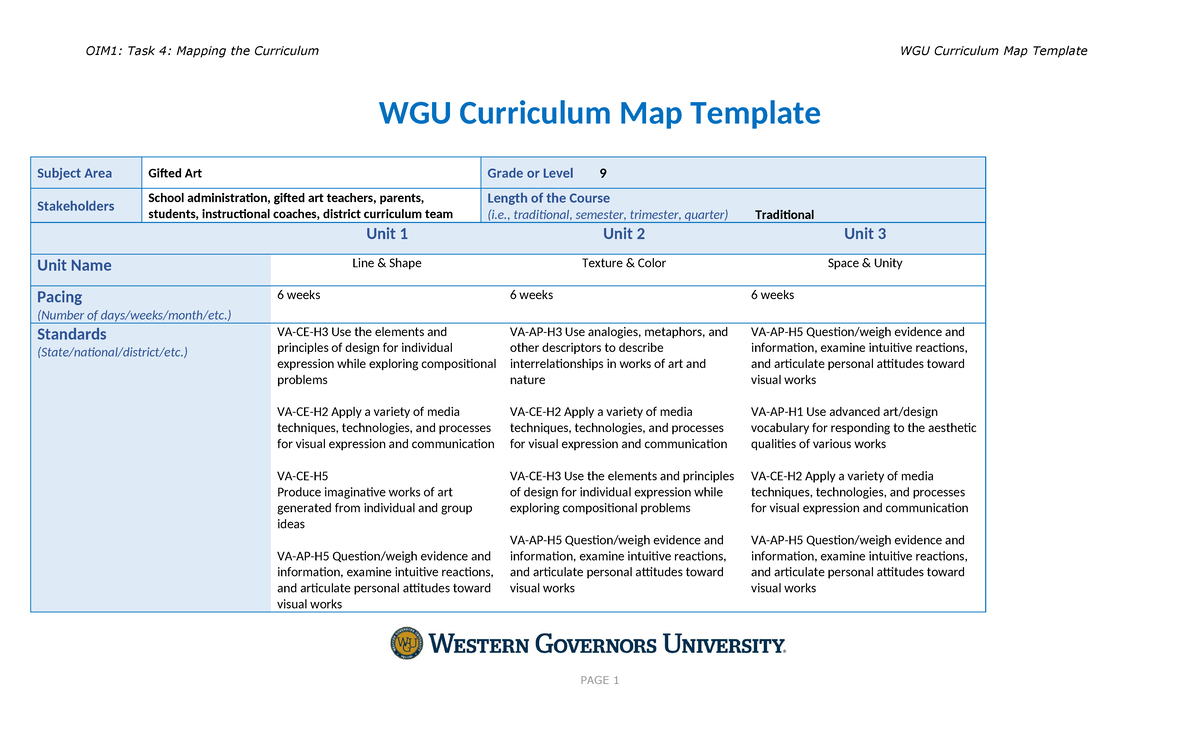OIM Task 4 Curriculum Map (1) - WGU Curriculum Map Template Subject ...
