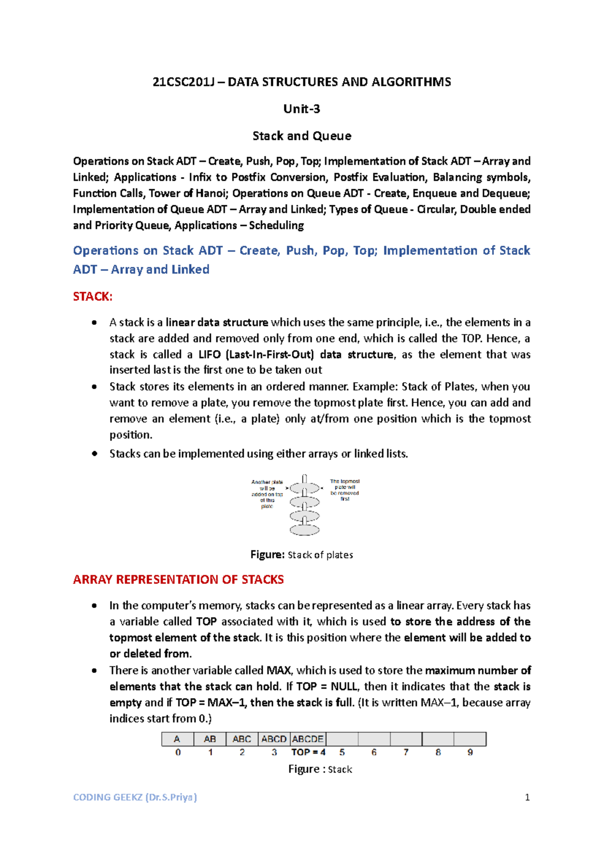 UNIT-3 21CSC201J - unit 3 notes - 21CSC201J – DATA STRUCTURES AND ...
