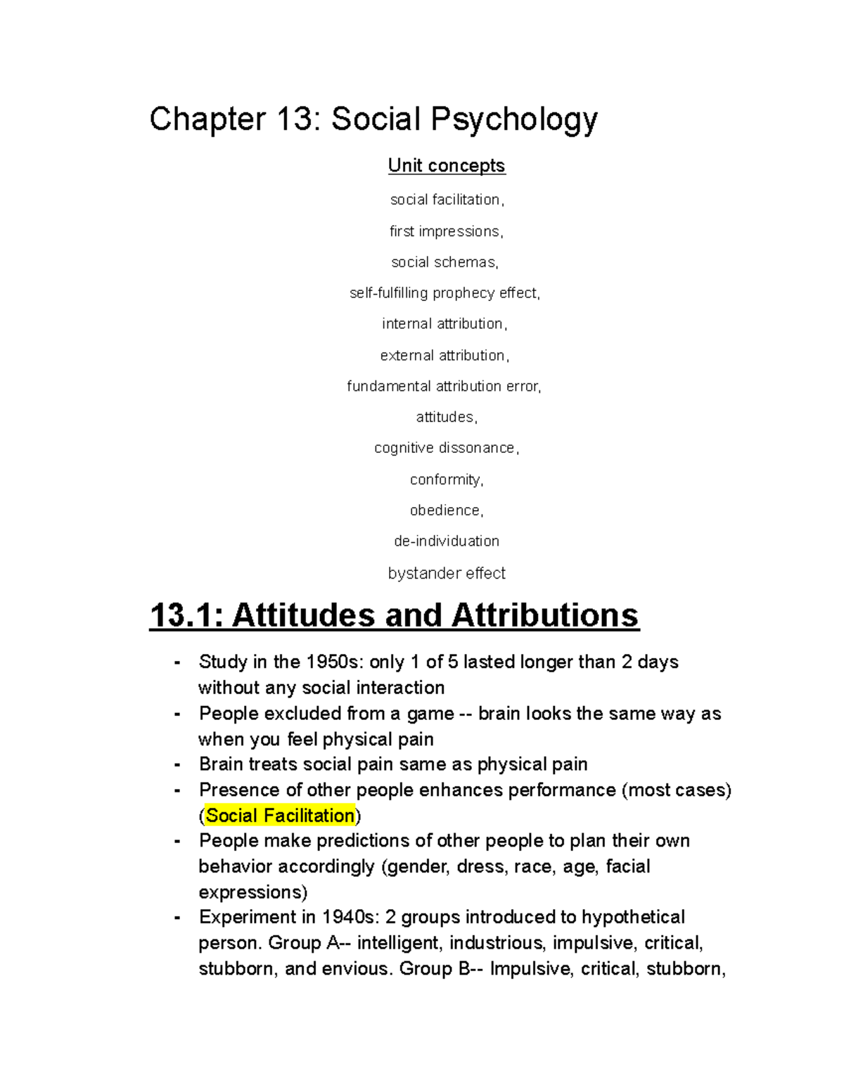 ISU Psychology 110 - Chapter 13: Social Psychology Unit concepts social ...