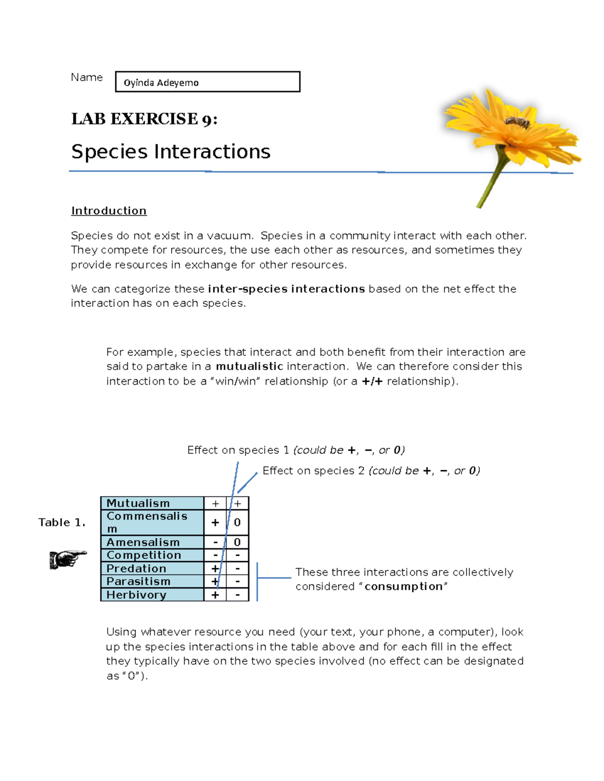Lab 9 - Species Interactions - Name LAB EXERCISE 9: Species ...