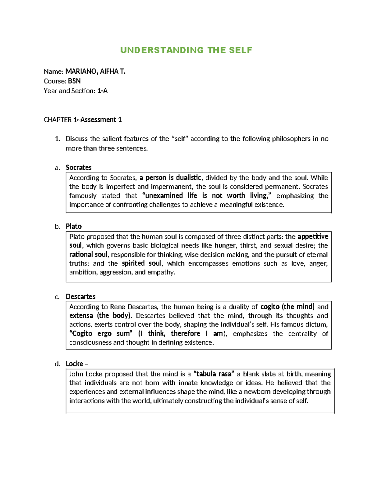 Understanding THE SELF Activity - UNDERSTANDING THE SELF Name: MARIANO ...