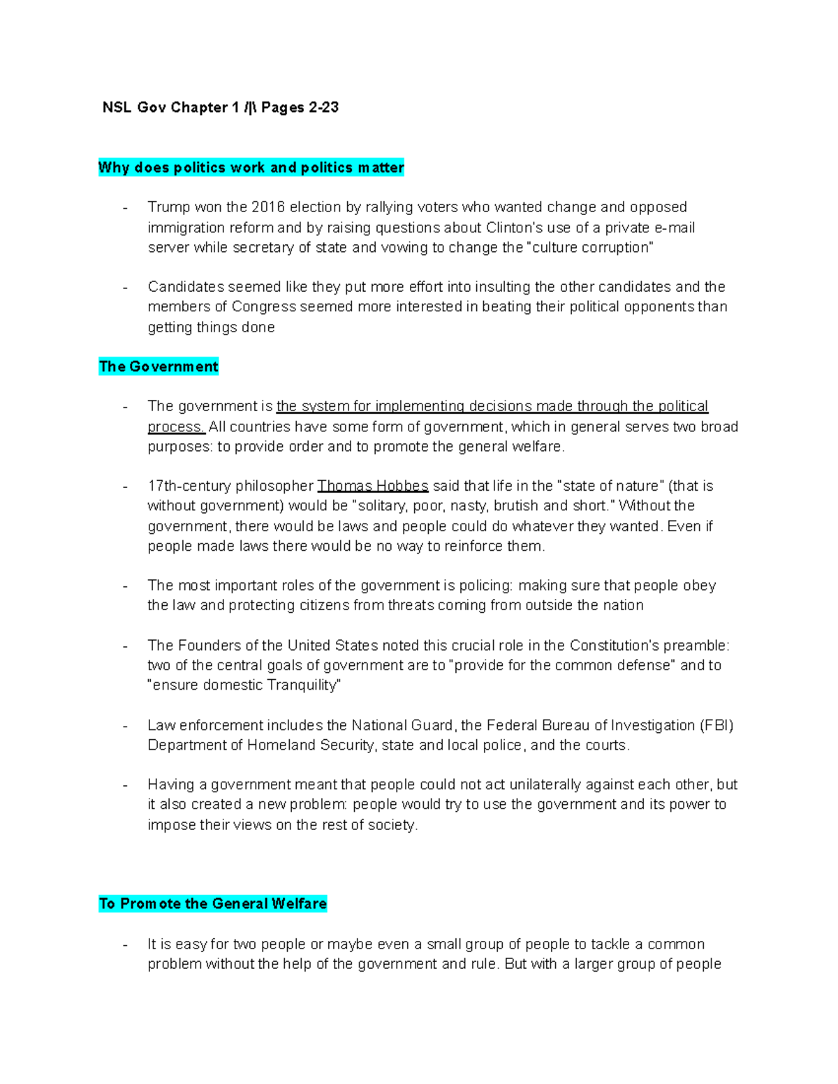 Chapter 1 - NSL Gov Chapter 1 /|\ Pages 2- Why does politics work and ...