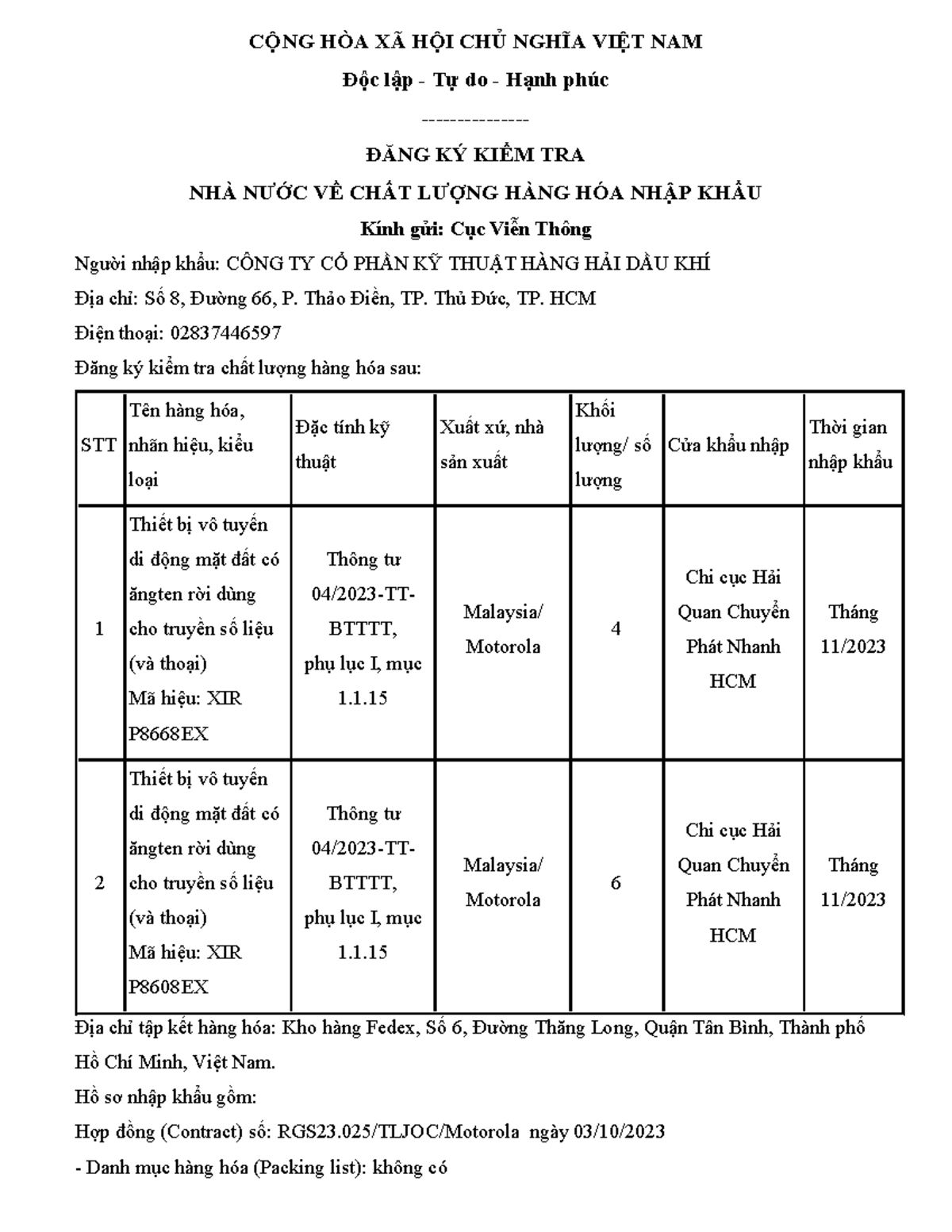 Dang ky kiem tra nha nuoc ve chat luong hang hoa nhap khau - CỘNG HÒA ...