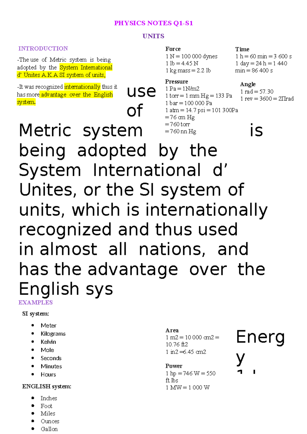 Units - q1 notes - PHYSICS NOTES Q1-S UNITS INTRODUCTION use of Metric ...