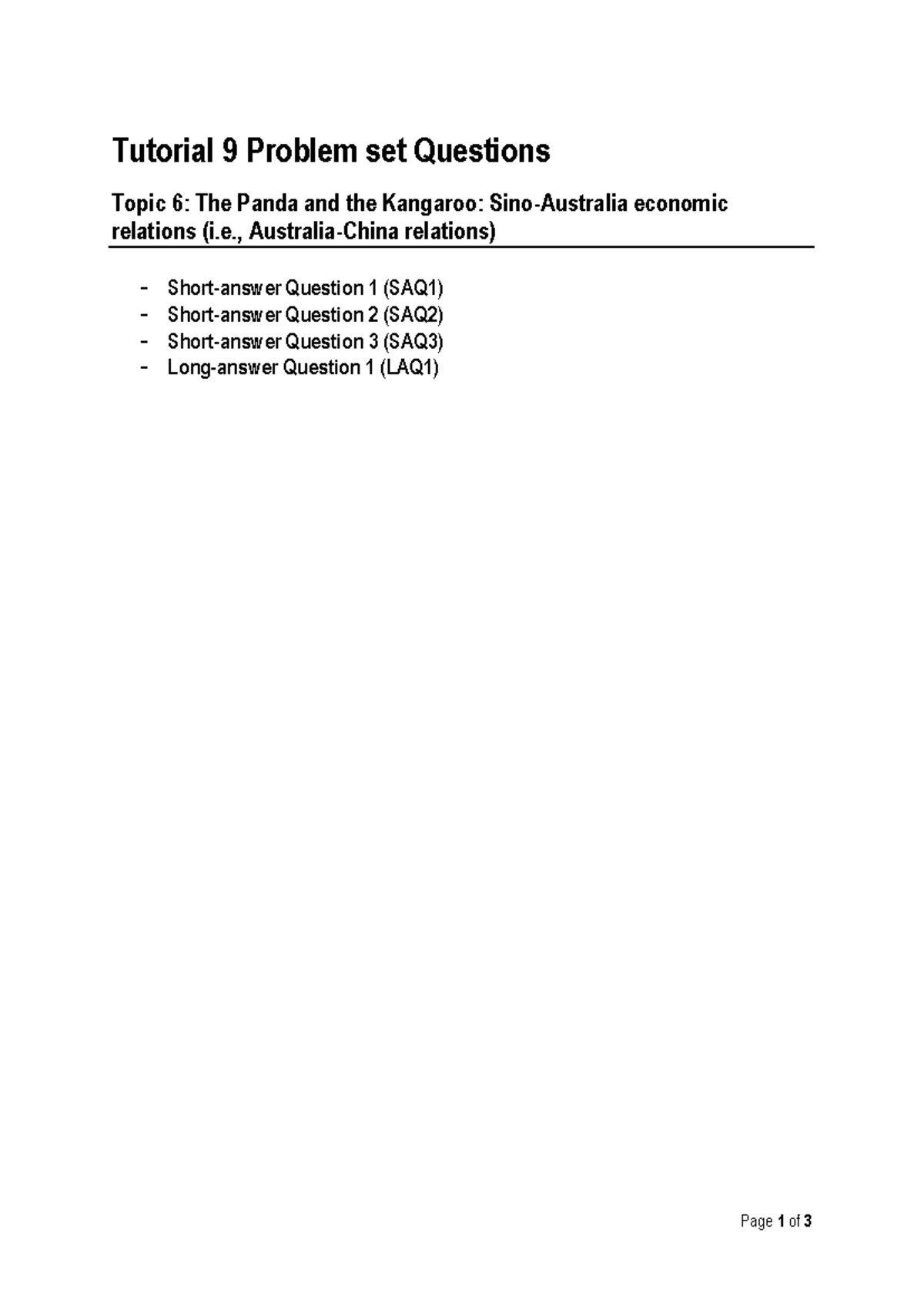 Tutorial 9 - Questions - 1234 - Page 1 of 3 Tutorial 9 Problem set Questions Topic 6: The Panda ...