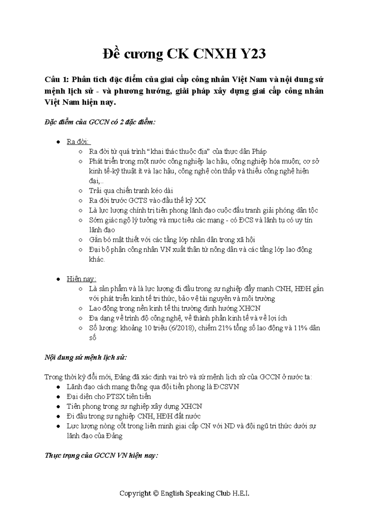 CK-CNXH-Y23 - hay - Đề cương CK CNXH Y Câu 1: Phân tích đặc điểm của giai cấp công nhân Việt Nam ...