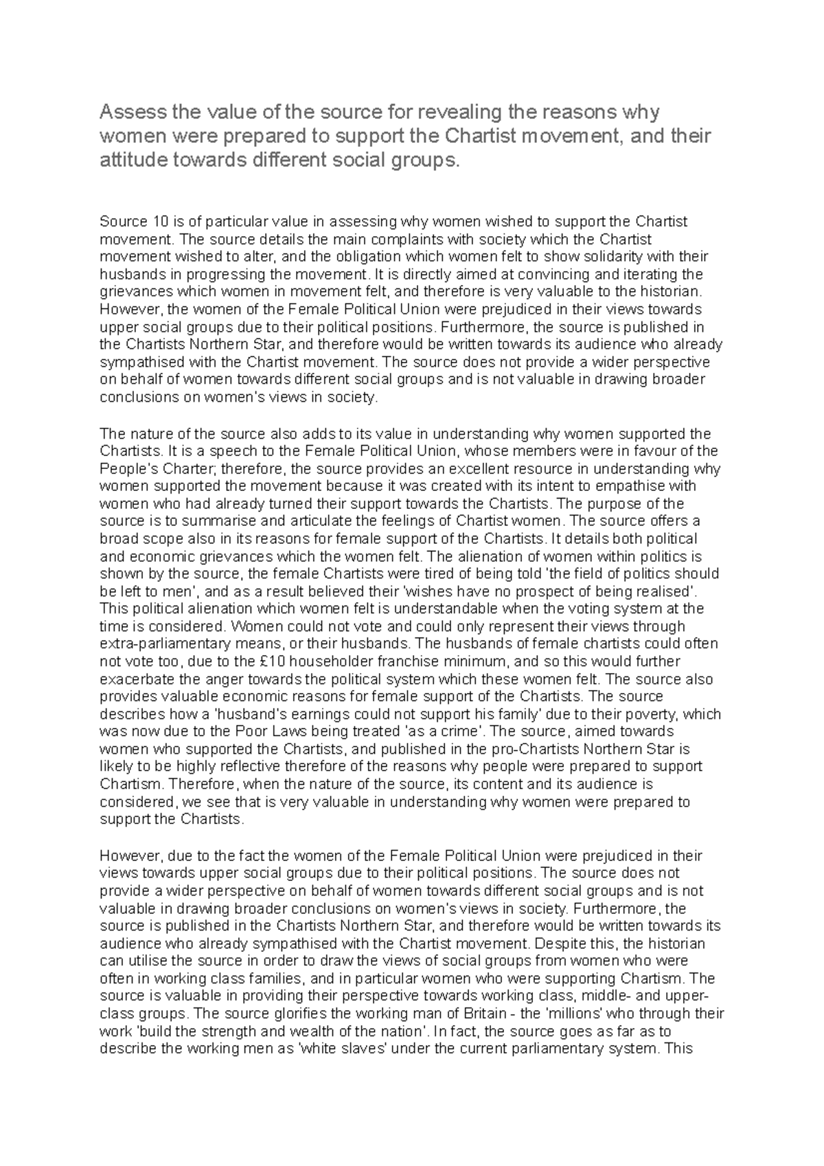 Woman Chartist - Plan - Assess the value of the source for revealing ...