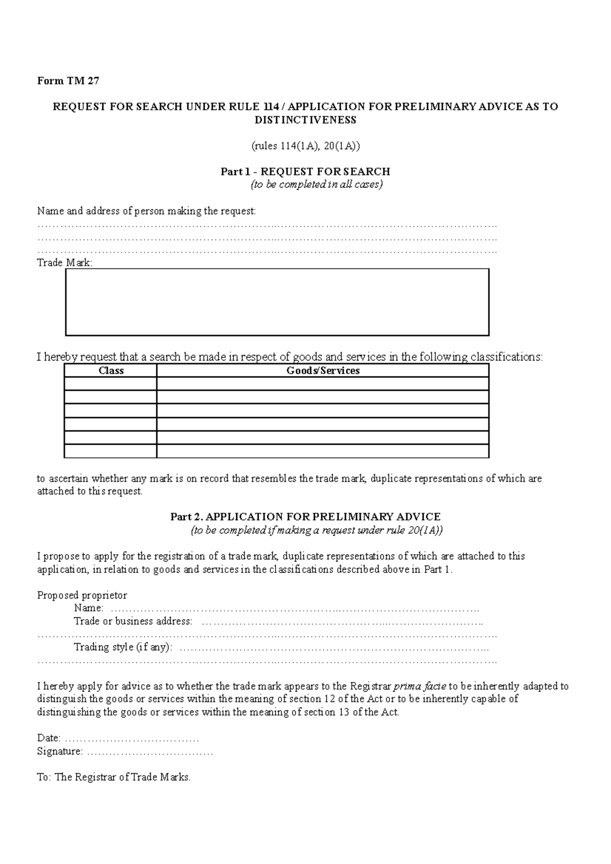 Form Tm 27 FINE Form TM 27 REQUEST FOR SEARCH UNDER RULE 114 Form Tm 27 FINE Form TM 27 REQUEST FOR SEARCH UNDER RULE 114