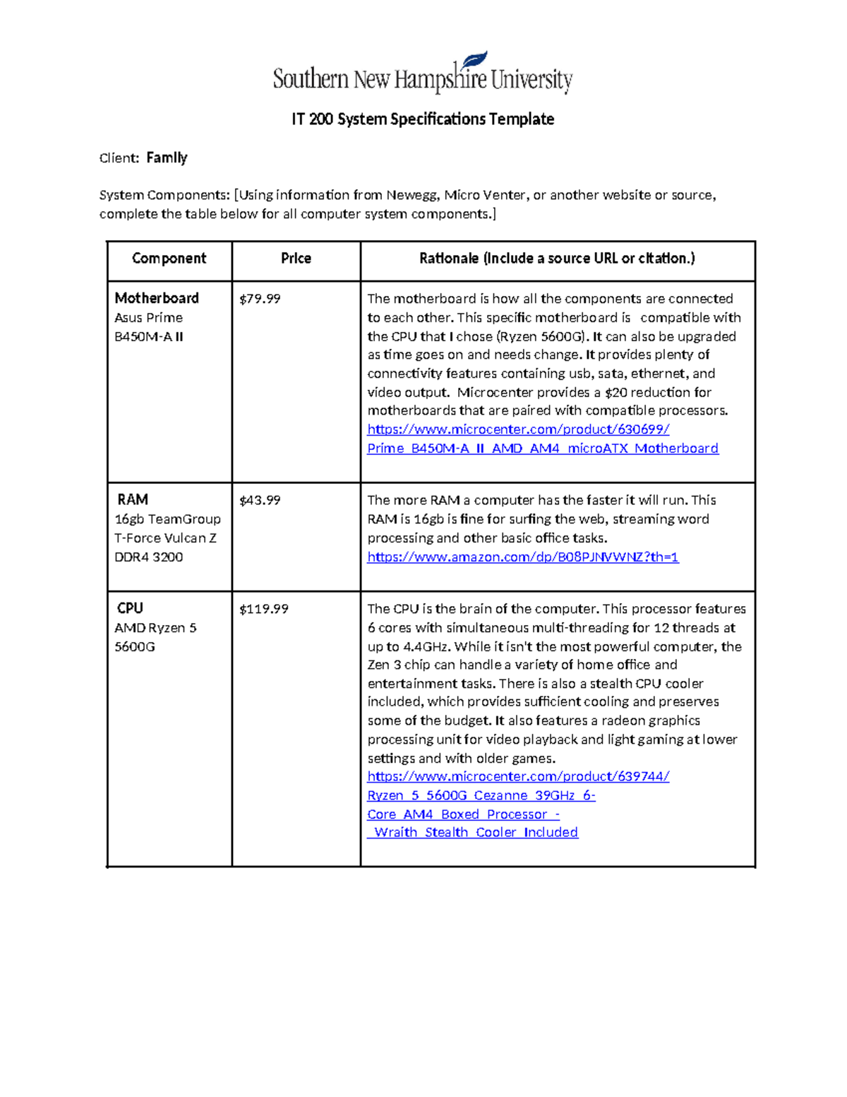 IT 200Mod 2-1 - assignment - IT 200 System Specifications Template Client: Family System ...