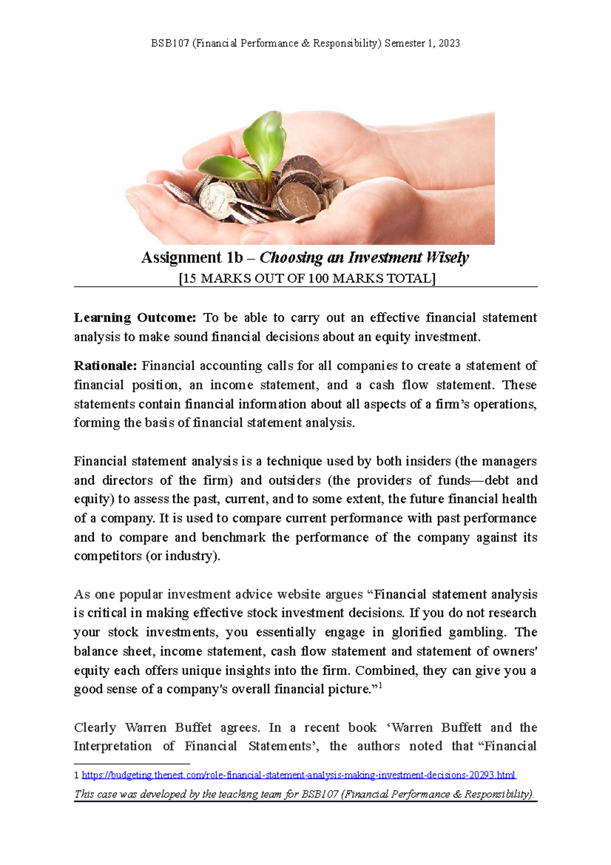 BSB107 Assignment 1b; Invest Wisely SEM 1 2023 Final-2 - BSB107 ...