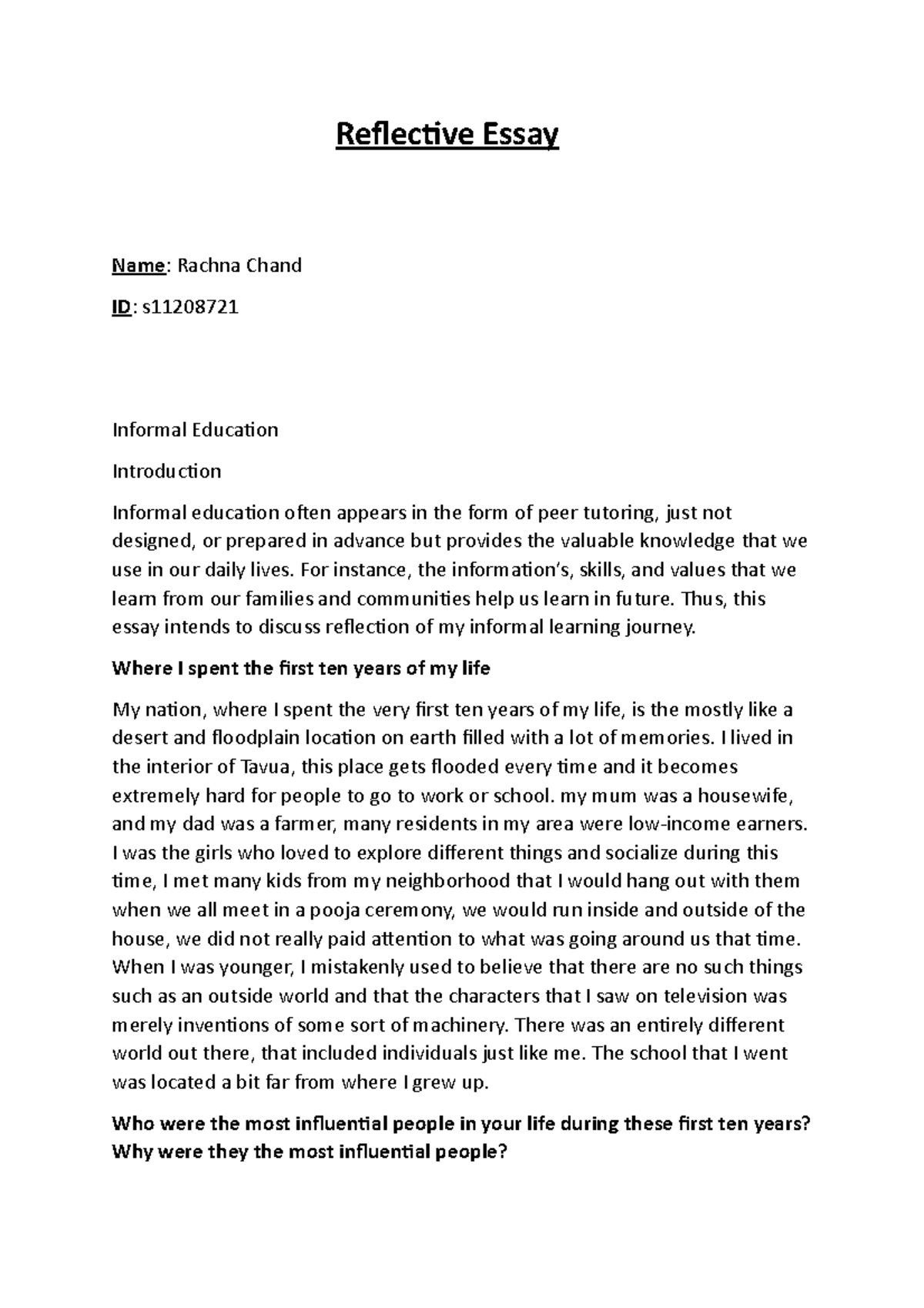 Reflective Essay ed153 - Reflective Essay Name: Rachna Chand ID: s ...