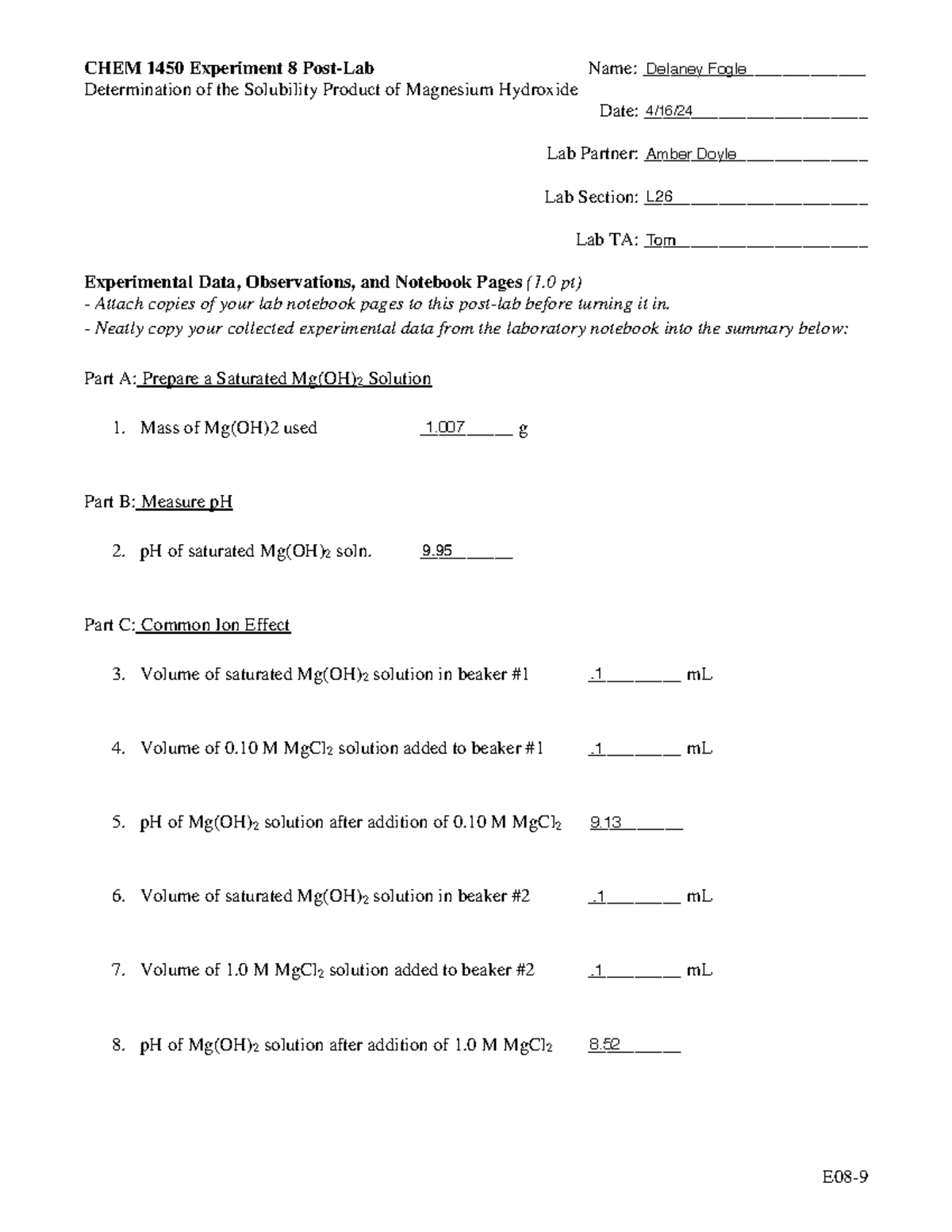 Lab 8 Chem Post Lab - Post lab - CHEM 1450 Experiment 8 Post-Lab Name ...