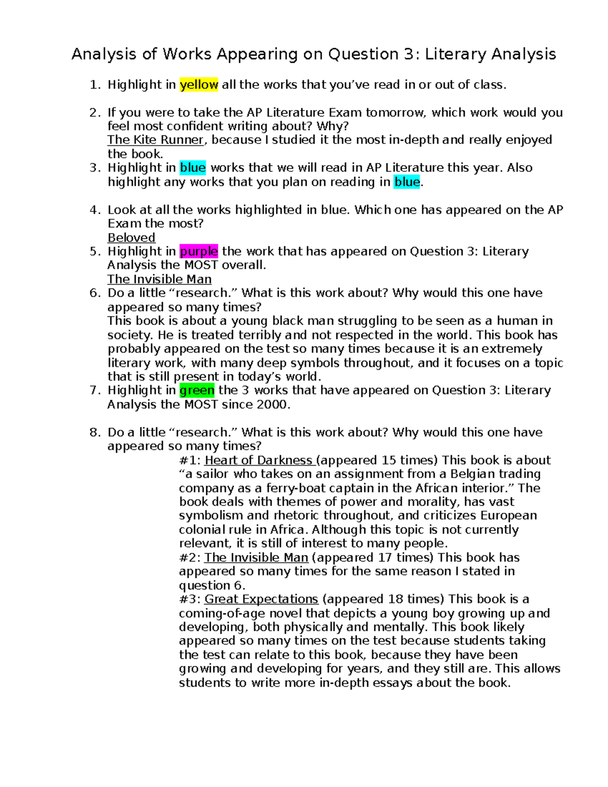 Analysis of Works Appearing on Question 3 - If you were to take the AP ...